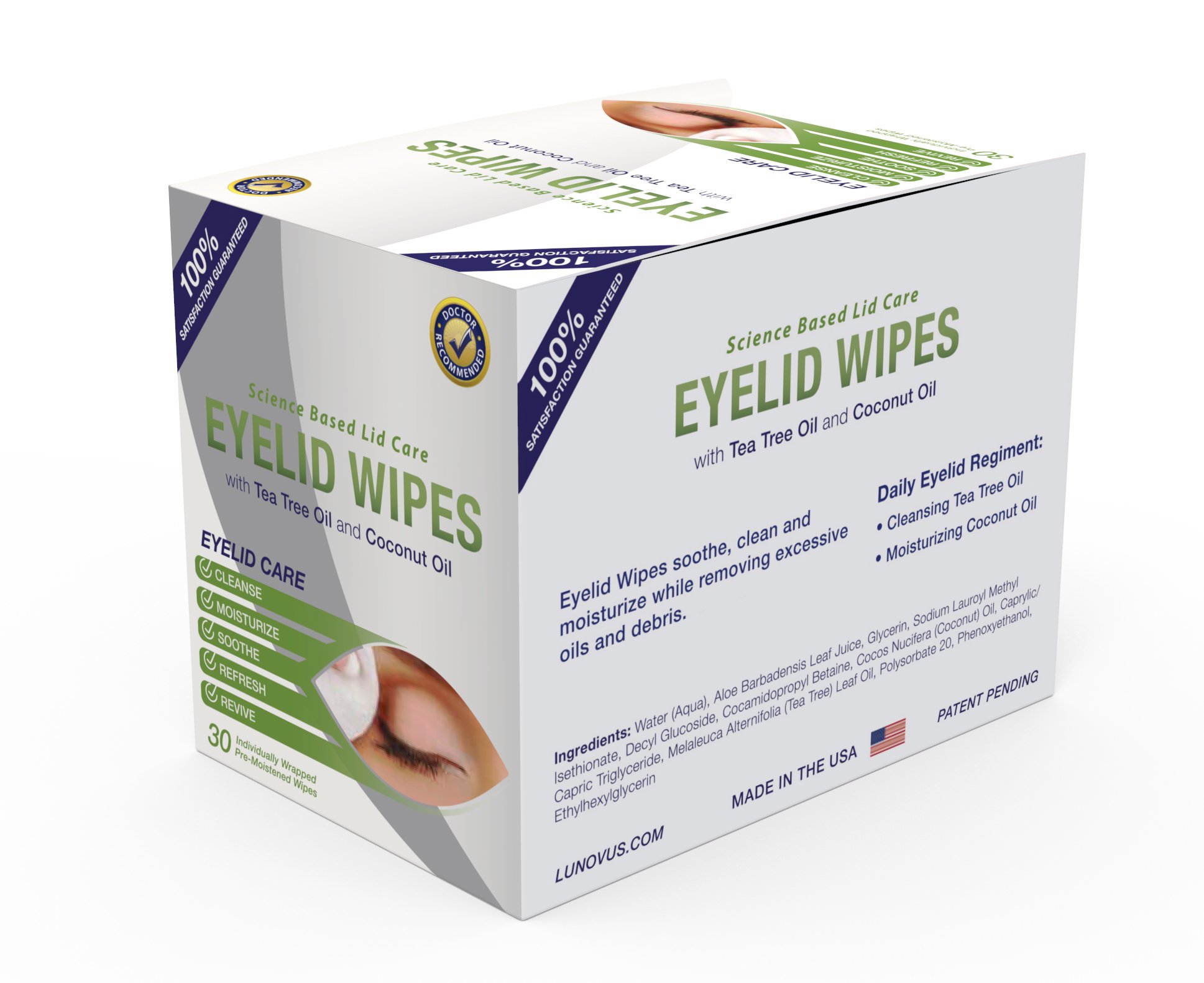 Premium Eyelid Wipes With Tea Tree and Coconut Oil - Cleansing Wipes for People Itchy Eyes - Box Of 30 Natural Eye Wipes