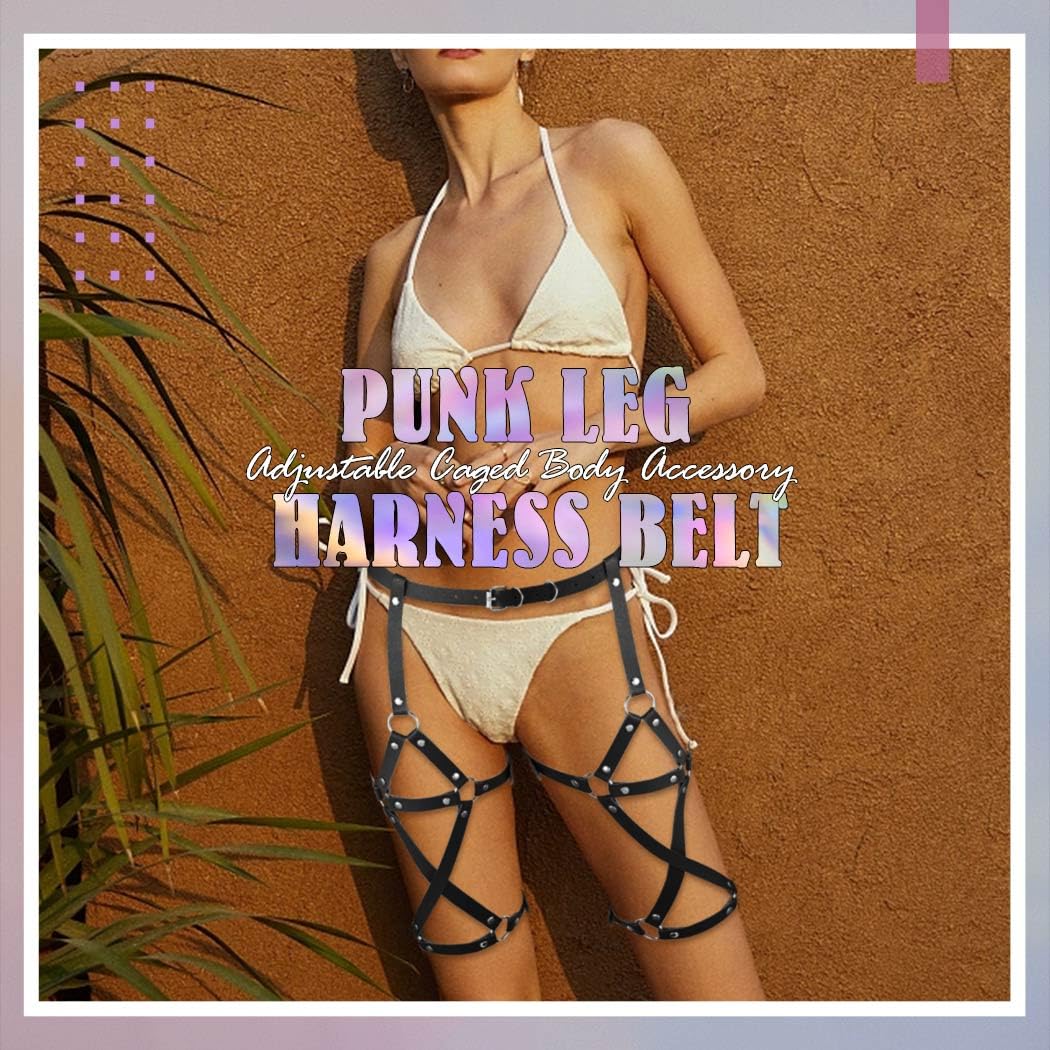 GEMILY Leather Waist Chains Belt Punk Black Body Harness Garter Leg Harness Body Chains Belt Rave Accessories for Women(1)