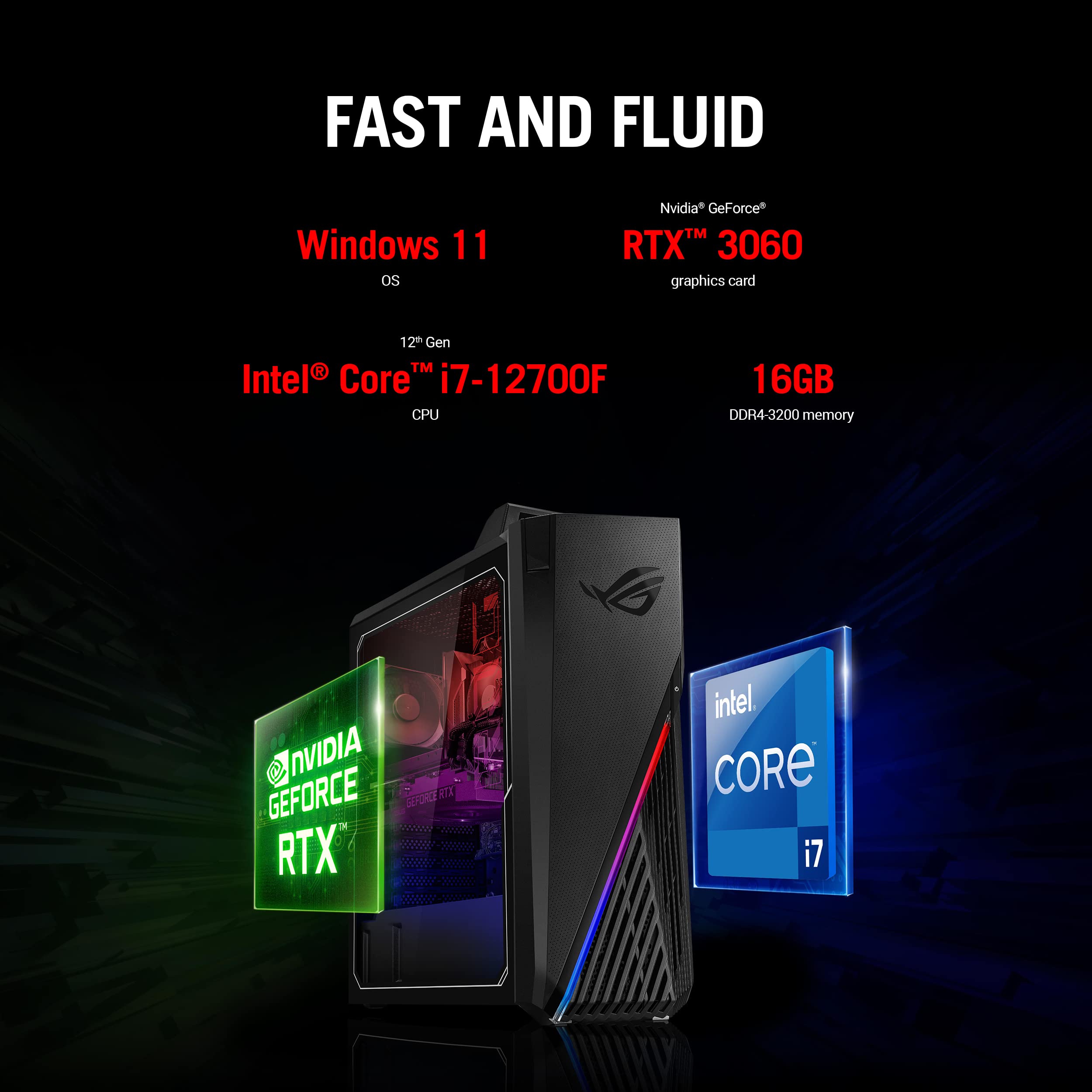 ASUS ROG Strix GT15 Gaming Desktop PC, Intel Core i7-12700F, GeForce RTX 3060, 16GB DDR4 RAM, 512GB SSD, Windows 11 Home, G15CF-BS764,Black