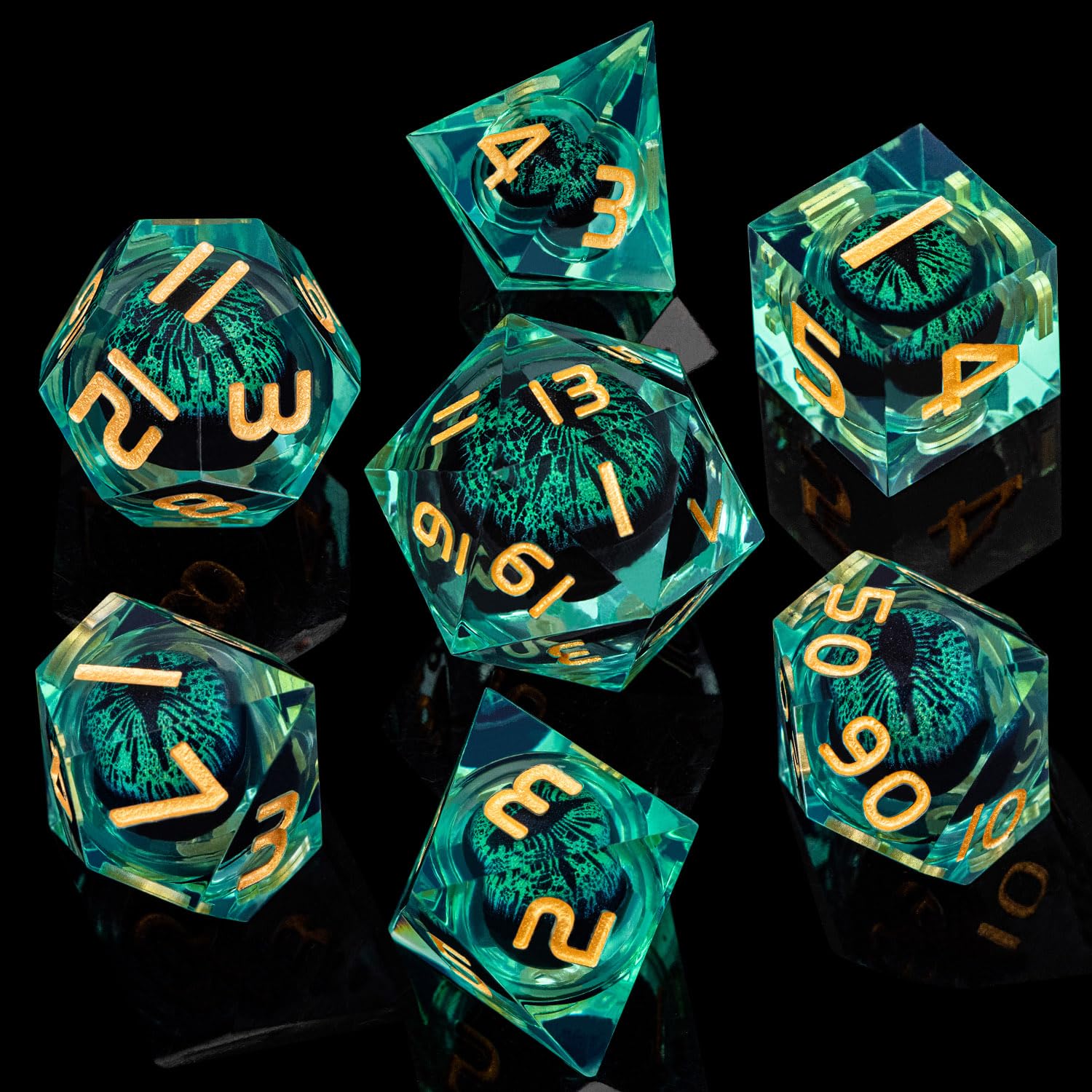 ARUOHHA Dragon Eye DND Dice, Green Resin Sharp Edged Dice Set with Gift Box, Dungeons and Dragons Liquid Core Dice RPG Handmade Polyhedral D&D Dice Role Playing Game D and D Dice D20 D12 D10 D8 D6 D4