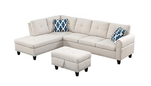 CABSETT 98" L-Shape Wide Left Hand Facing Sofa & Chaise with Storage Ottoman, Linen Upholstered Couch Set with 2 Cup Holder and 2 Pillows for Living Room, Home, Office, Beige