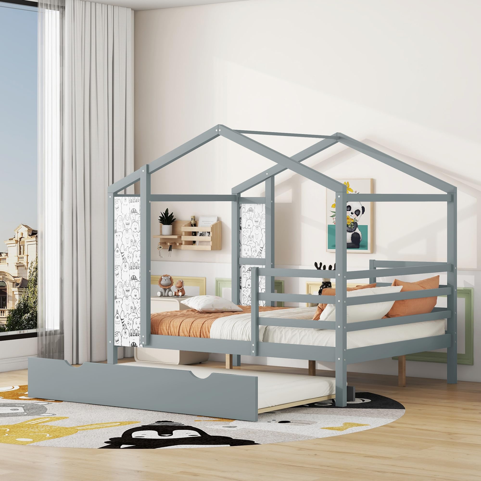 Merax Full Size Wood House Bed with Fence and Writing Board,House Bed with Trundle, White