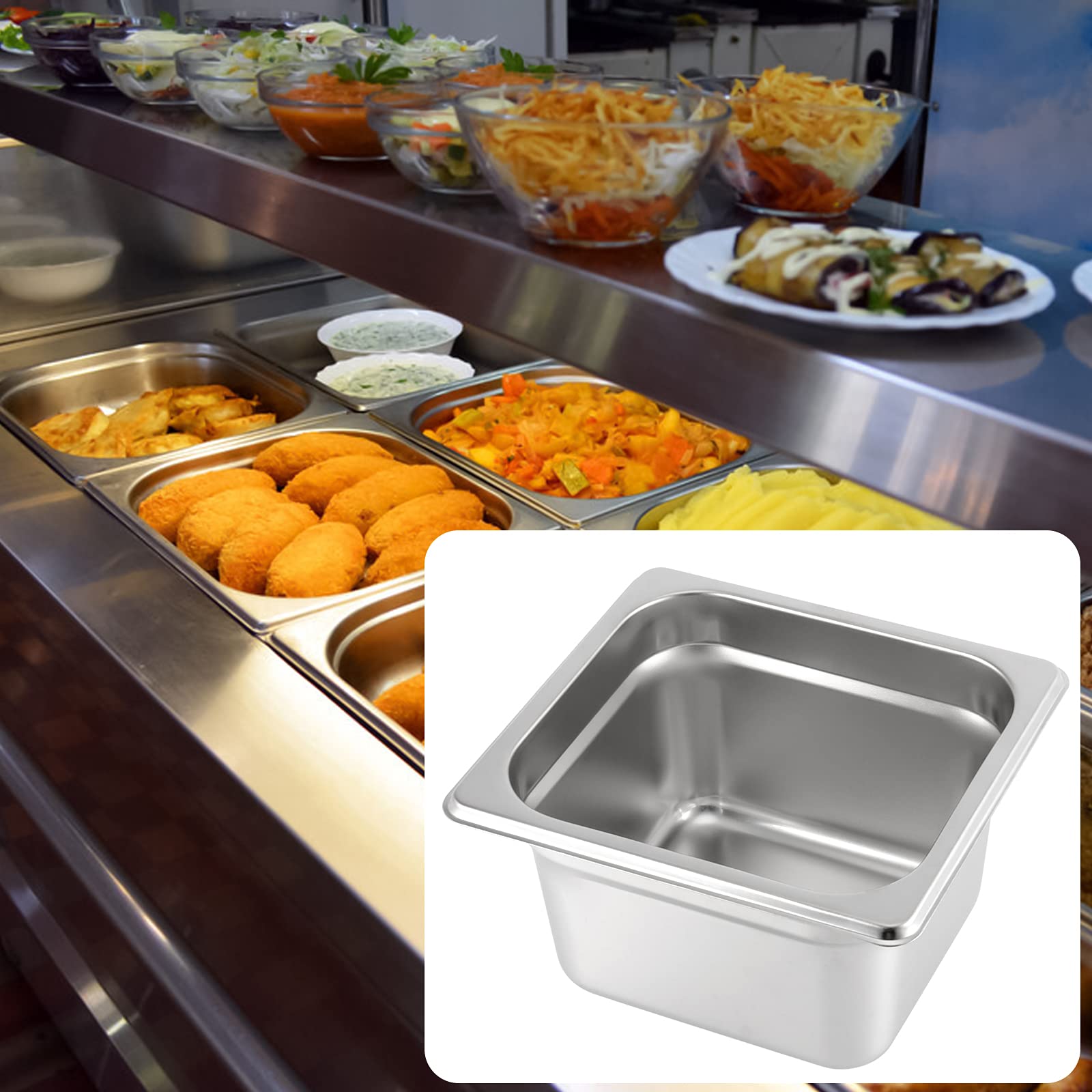 FUNSUEI 4 PCS 1/6 Size x 4 Inches Stainless Steel Steam Table Pans, Steam Table Chafer Pan, Hotel Pan Food Pan for Restaurants, Hotels, Buffets, Catering, Silver