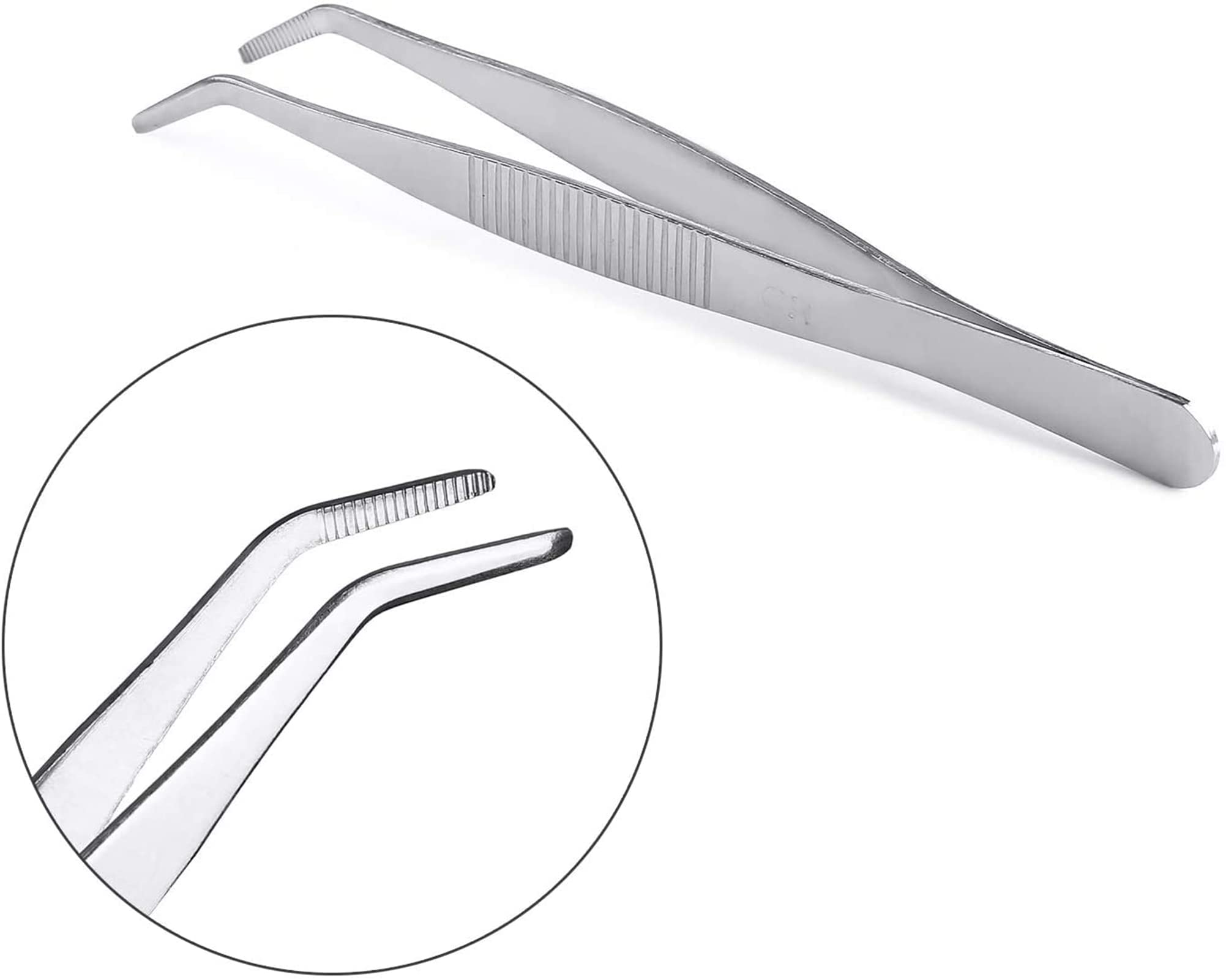 Long Forceps Tweezers, Serrated Bent Tweezers Flat Tips Precision Curved Science Surgical Tongs Jewelers Needle Metal Sewing Sharp Small Kitchen Cooking Tweezers With Teeth Knurled Handles (1PCS)