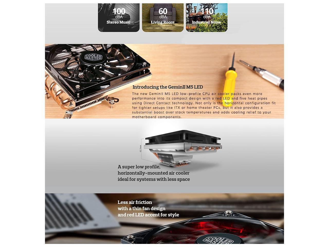 Cooler Master GeminII M5 LED - 2U Low Profile CPU Cooler with 5 Direct Contact Heatpipes & XtraFlo 120 Slim Fire Red LED PWM Cooling Fan for Intel AMD RR-T520-16PK (GeminII M5)