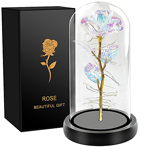 BLOCE Mom Gifts for Mothers Day Rose, Galaxy Rose in Glass with LED Light, Colorful Rose Flower Gift for Mother's Day, Valentine's Day Wedding Anniversary(10.2X5.5X5.5inch)(Black)