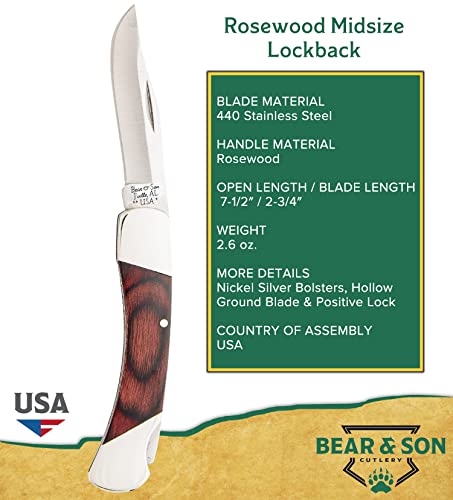 Bear & Son 205R Rosewood Midsize Lockback Knife, 3 3/4-Inch