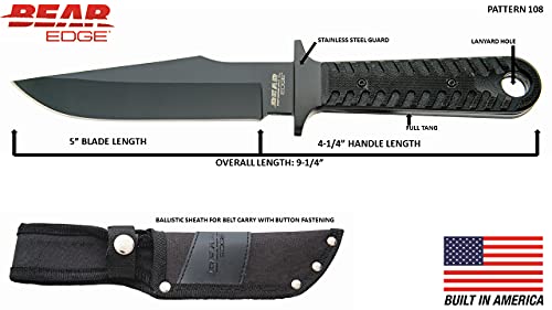 Bear Edge Compact Bowie, 5β 440 High Carbon Stainless Steel Blade, Lightweight Black G10 Handles, Ballistic Sheath Included (61108)