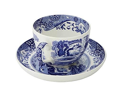Blue Italian Teacups and Saucers | 7 Oz Cups for Coffee, Tea, and Hot Cocoa | Fine Earthenware | Microwave and Dishwasher Safe | Made in England