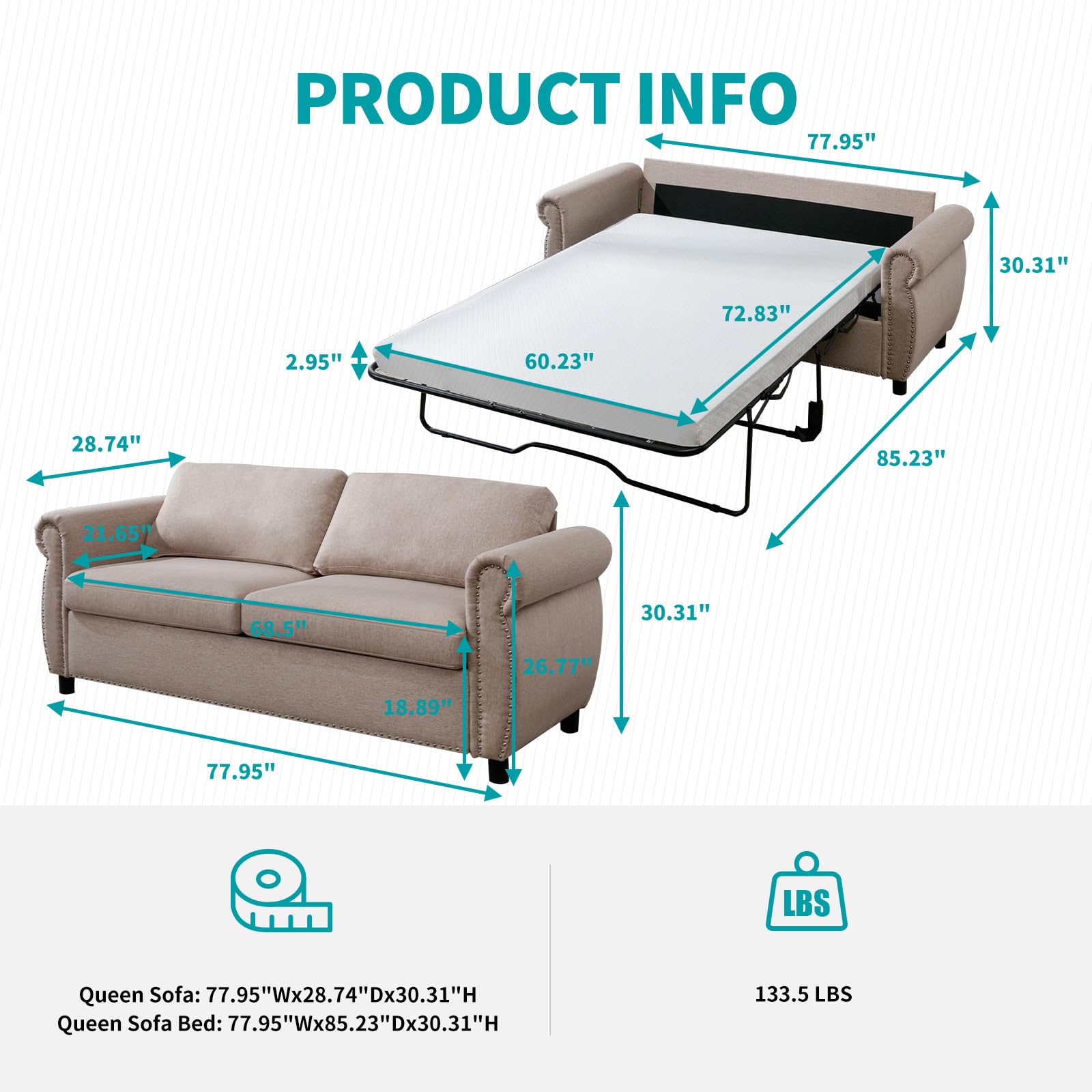 BALUS Queen Size 2-in-1 Pull Out Sofa Bed | Upholstered 2 Seat Memory Sponge Mattress Sofa | Convertible Couch Bed with Mattress | Sleeper Sofa Couch for Living Room Apartment Office - Beige