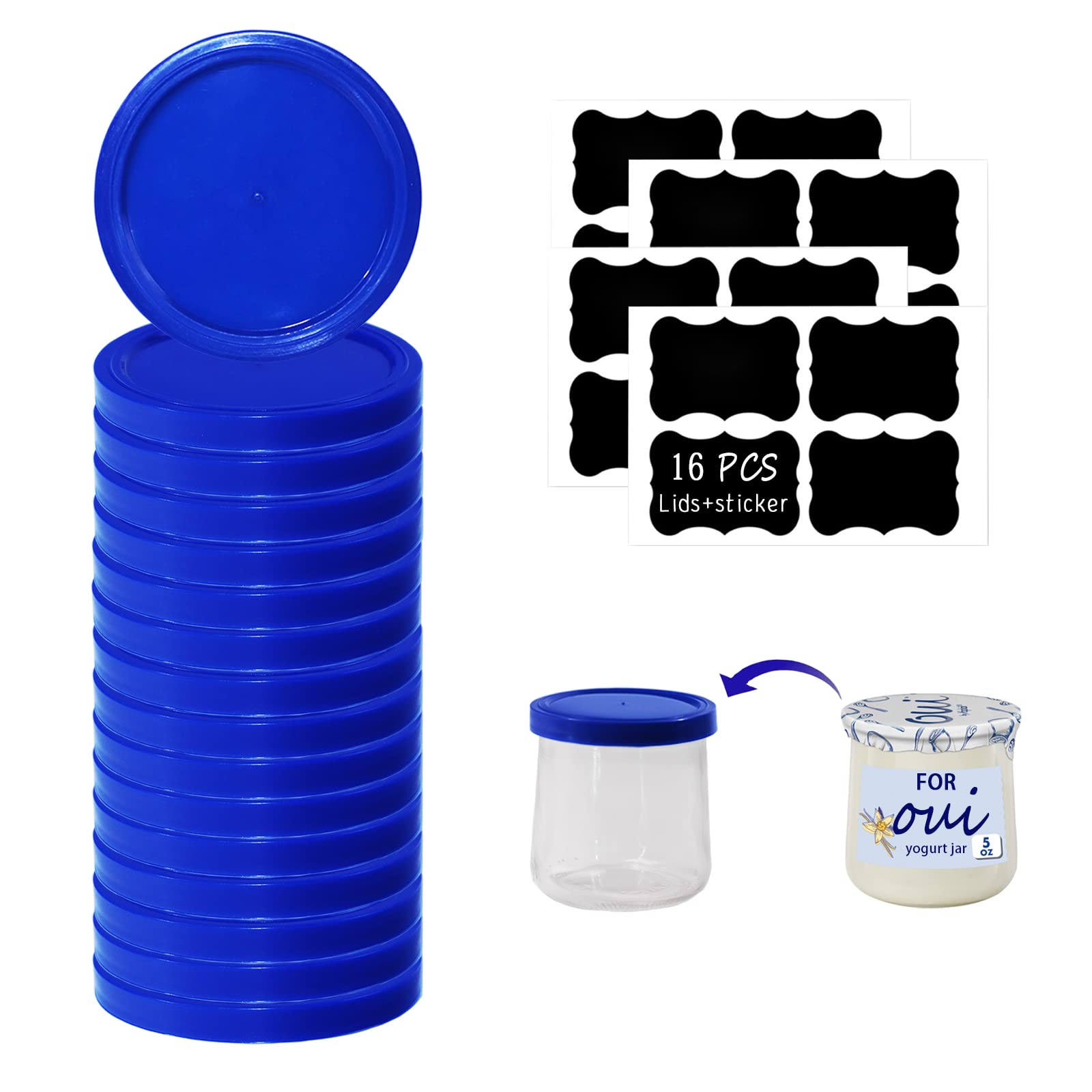 Oui Yogurt Jar Lids - 16 pack Oui Lids for Yoplait Yogurt Container,and Oui Yogurt Bottle Label,Sealed against leaks lids for oui yogurt jars (Blue)