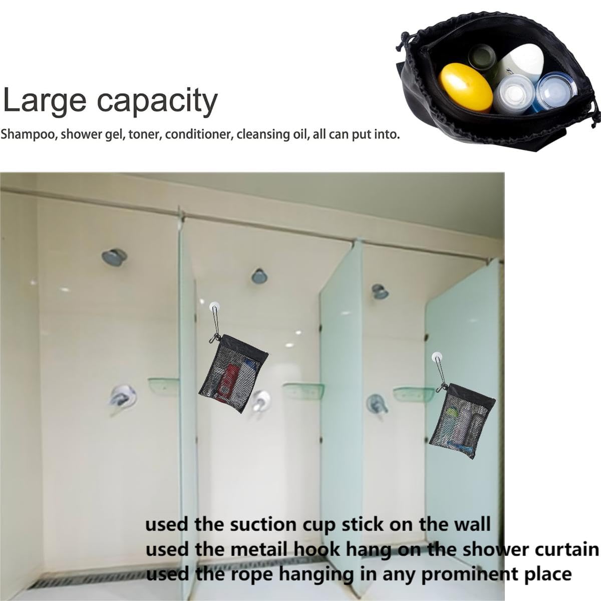 VUFVOID Shower Bag Tote, Mesh Shower Bag ,Portable Organizer, Compact and Lightweight With Suction Cup, Cord for Hanging, Zipper and Drawstring Pouch(12”L x 9”W, 14”L x 10”W)