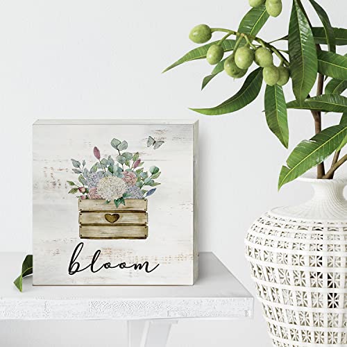 Bloom Wood Box Sign Home Decor Rustic Spring Flowers Bloom Wooden Box Sign Block Plaque for Wall Tabletop Desk Home Decoration