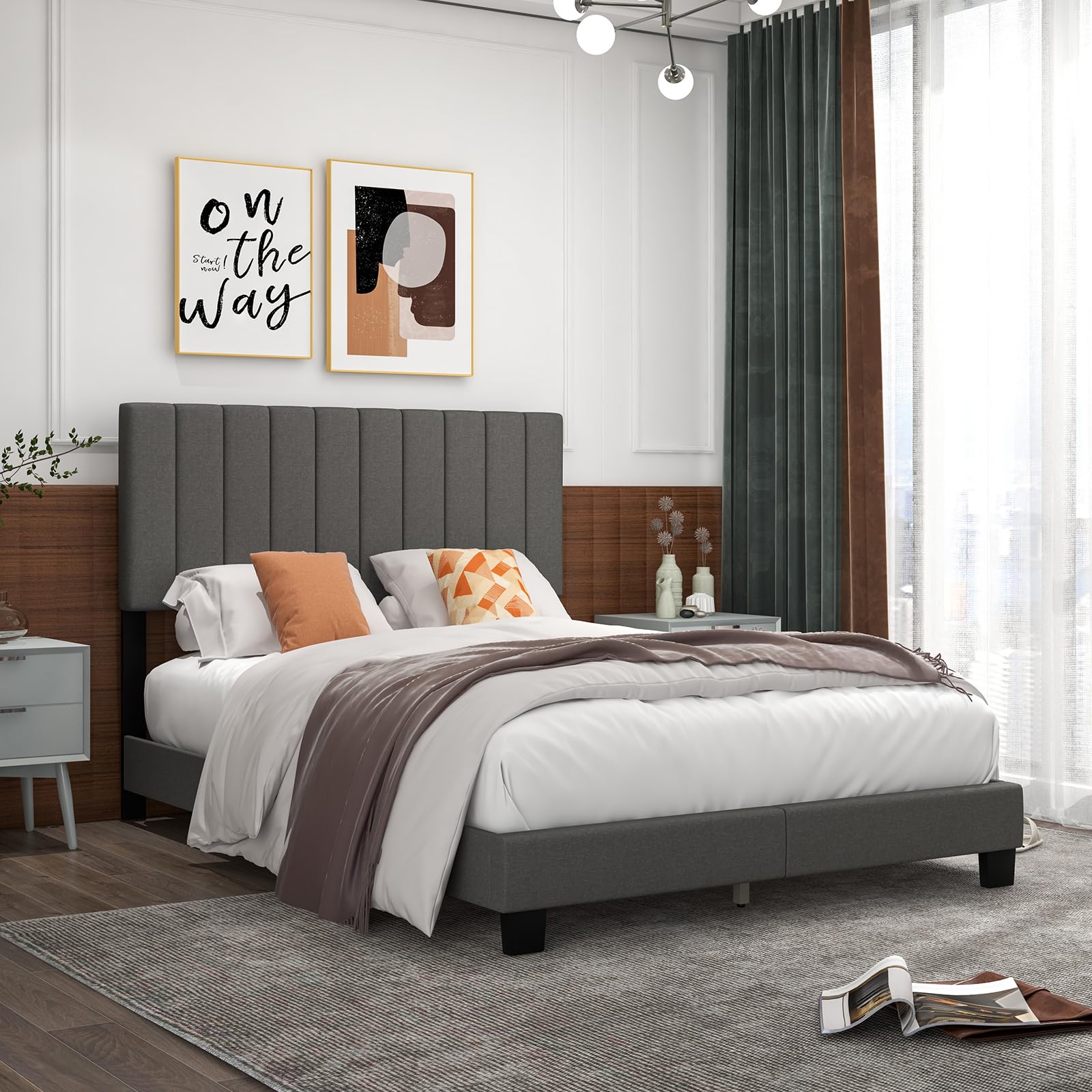 Giantex Queen Size Platform Bed Frame, Box Spring Needed, Modern Upholstered Mattress Foundation with Linen Fabric Headboard, Solid Wood Legs, No Slatted Bed Frame for Adjustable Bed Base, Gray