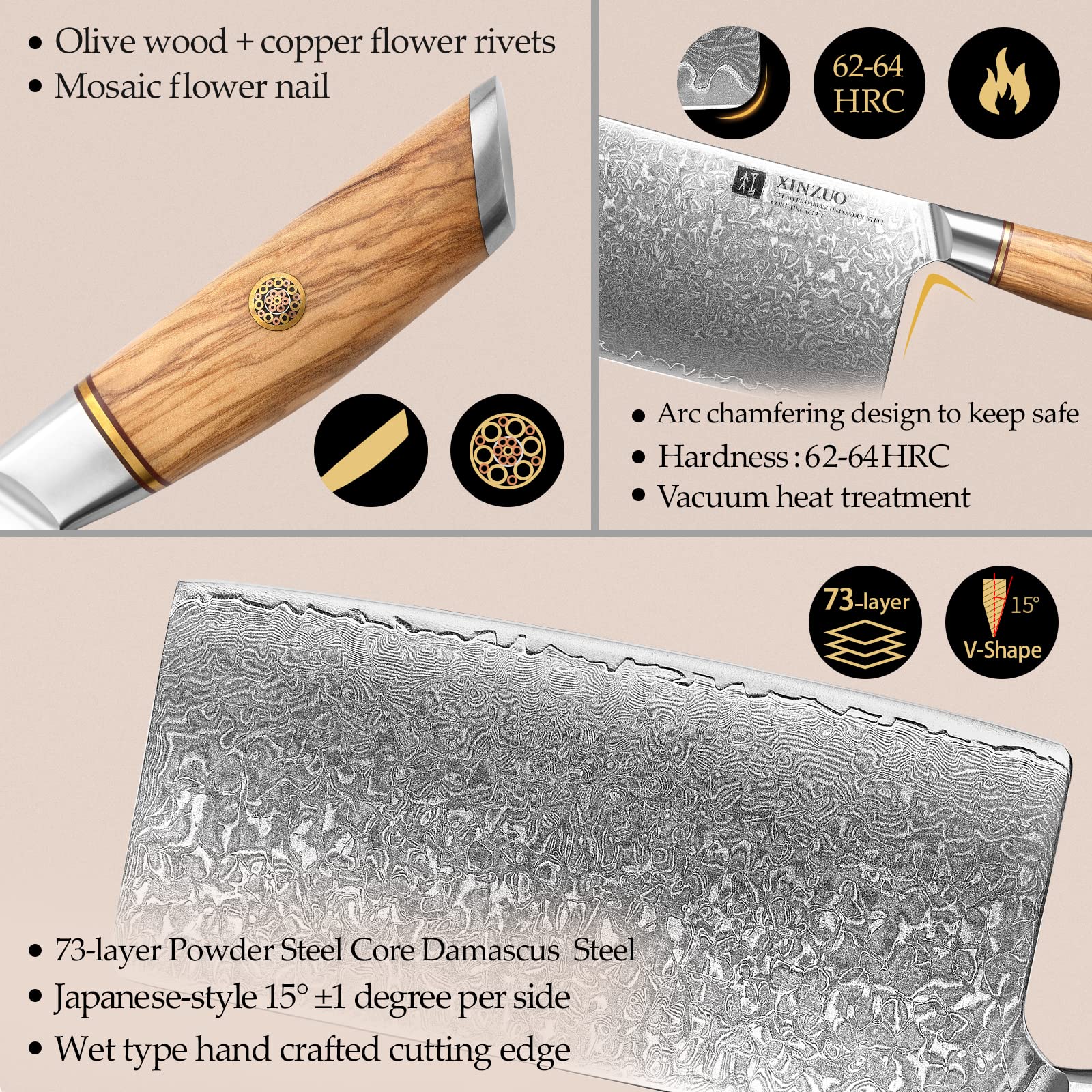XINZUO Cleaver Knife 7.5 Inch, 73 Layer Damascus Steel Powder Steel Core Chinese Chef's Knife, Multifunction Vegetable Meat Slicing Knife with Olive Wood Handle -Lan Series
