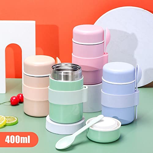 BYBYCD Food Container Portable Solid Color Vacuum Jar Stainless Steel Inner Stewed Cup Mini Insulated with A Spoon Breakfast Cup(Silver&Black)