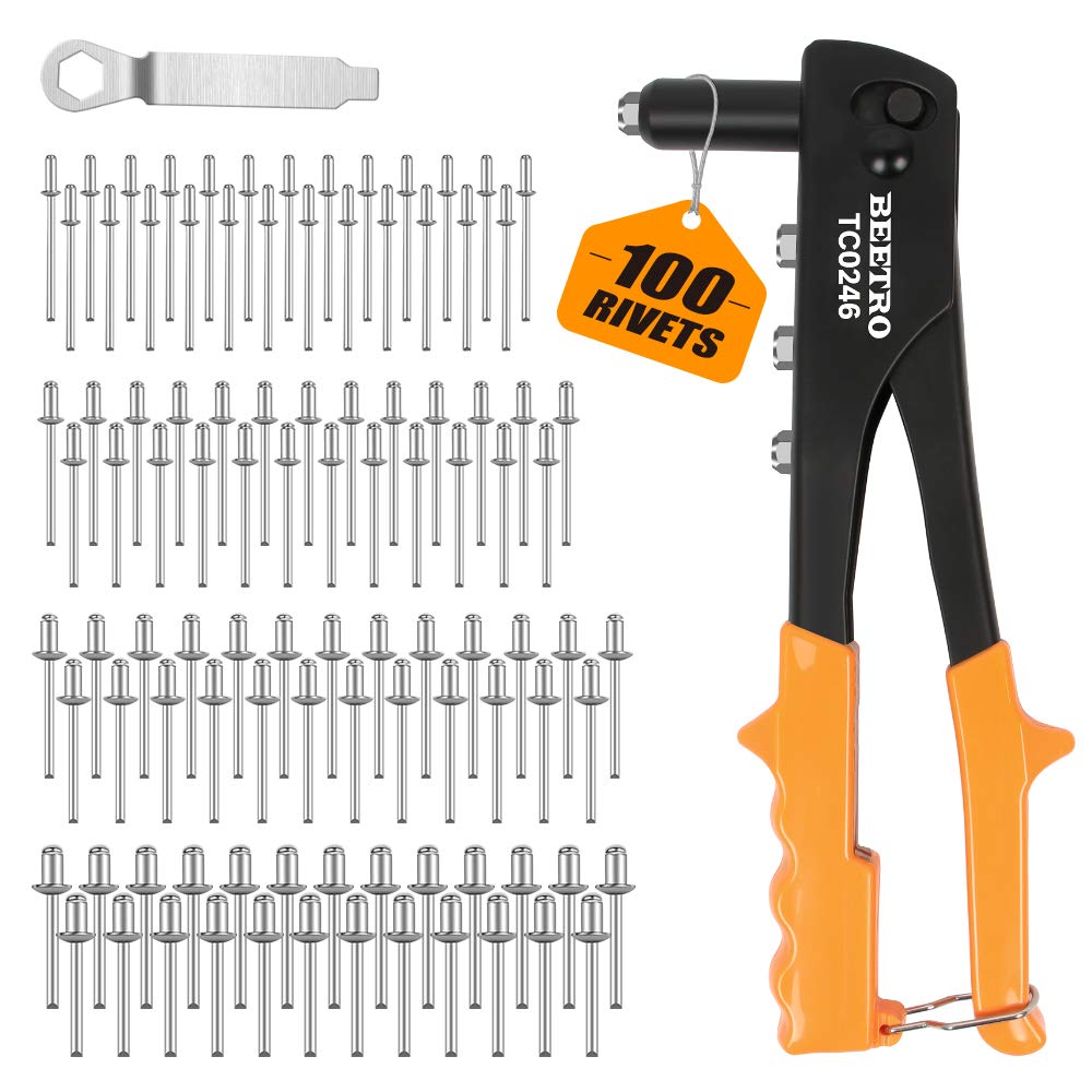 BEETRO Heavy Duty Hand Riveter, Rivet Gun, 3/32"-1/8"-5/32"-3/16", 4 Nosepieces Set Includes 100pcs Rivets, Durable and Suitable for Metal, Plastic and Leather