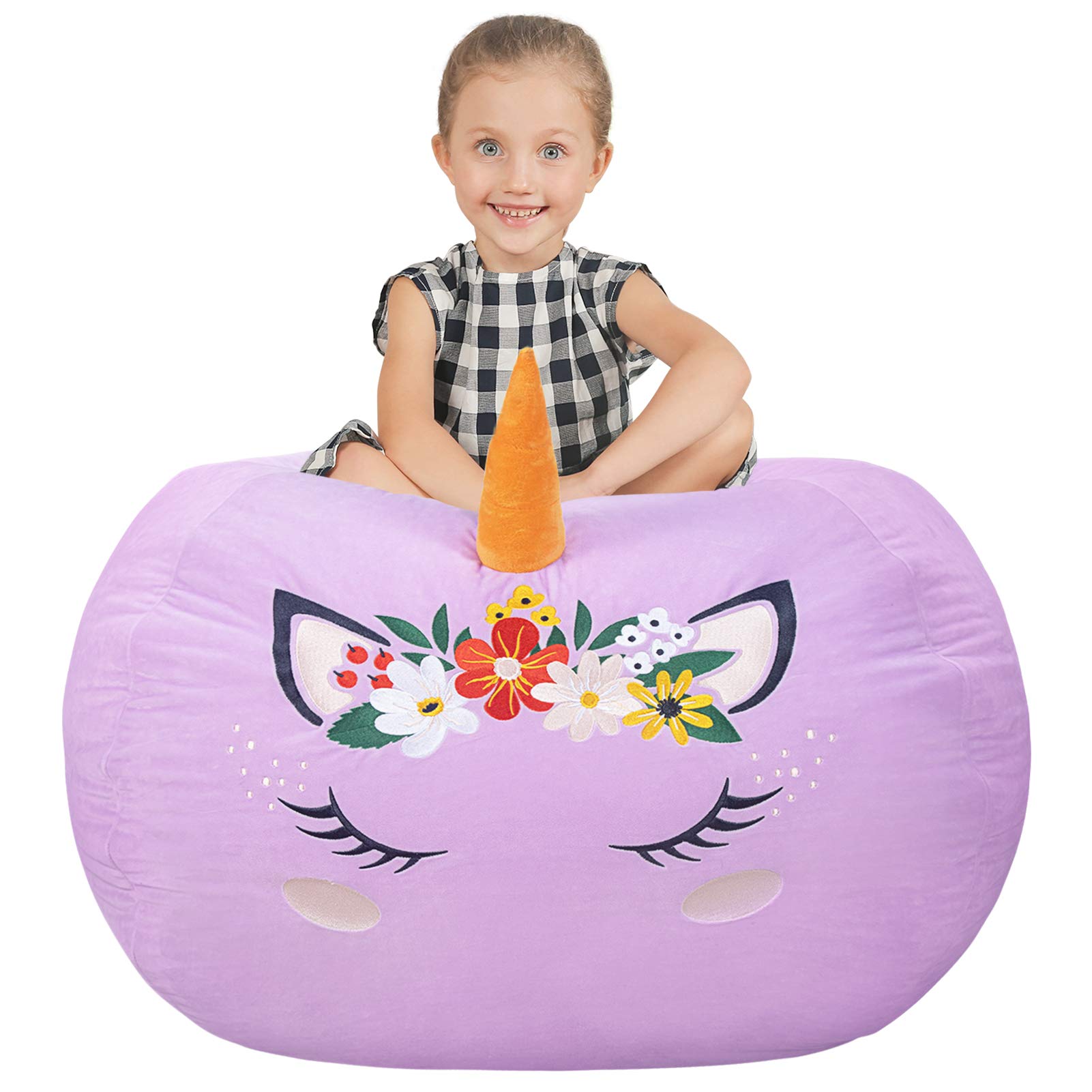 Aubliss Stuffed Animal Storage, Velvet Bean Bag Chairs Cover, X-Large 38" Ultra Soft Kids Toy Storage Organizer for Blankets Towels Clothes, Unicorn Purple Floral