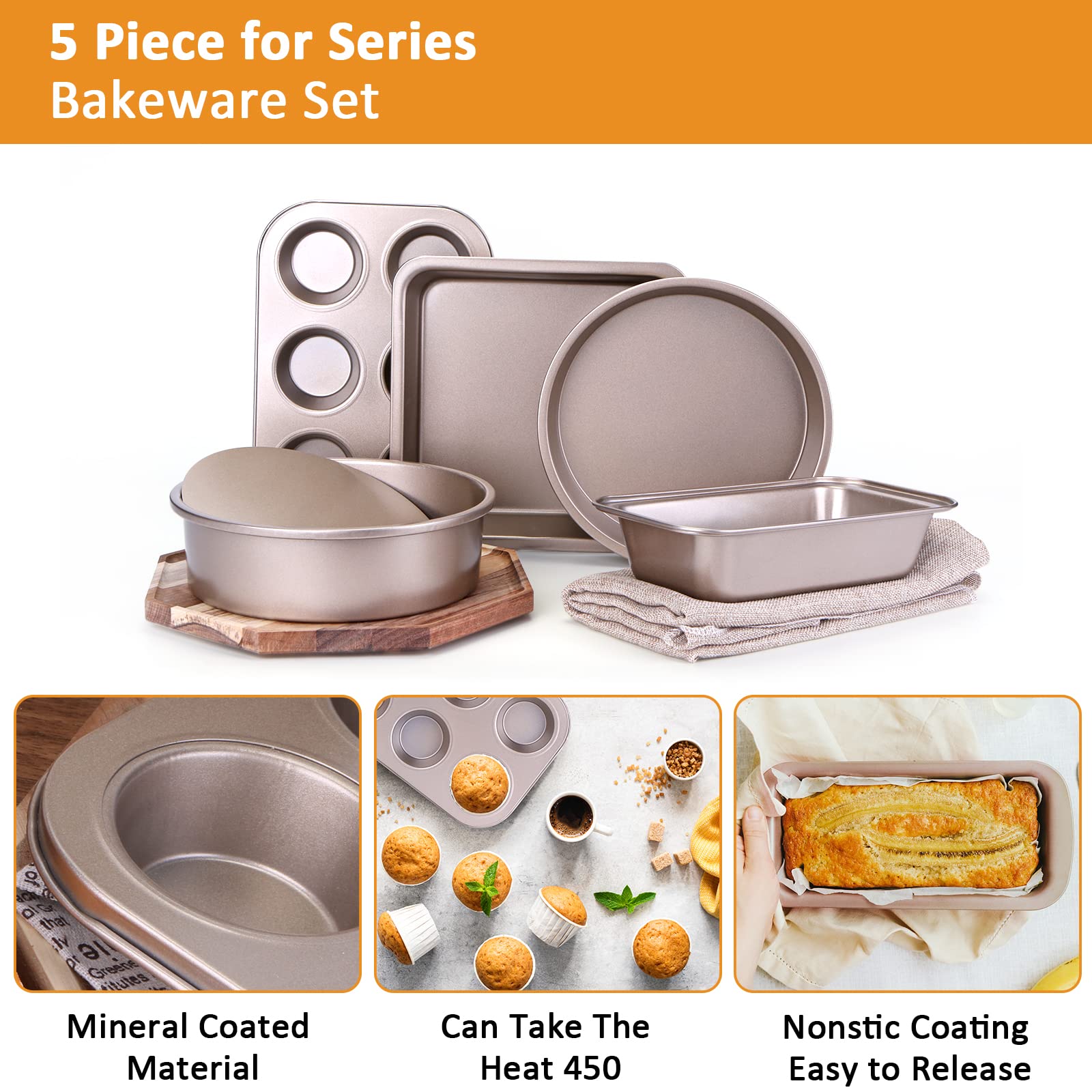 Bakeware Sets, 5-Piece Nonstick Bakeware Set,cake pans set with Cookie Sheets, Bakeware fits for Nonstick Bread Baking Cookie Sheet and Cake Pans