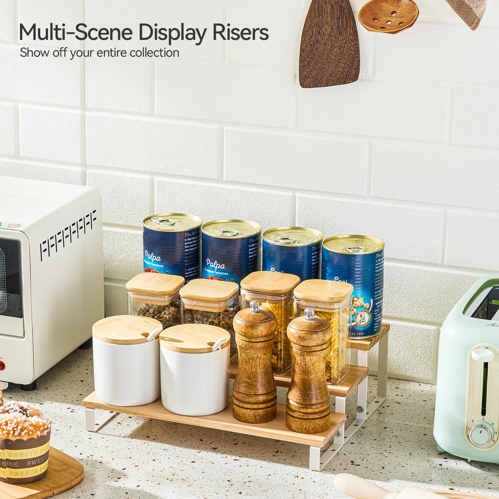 FOUCSSOMEI Spice Rack 3 Tier, Wooden Spice Rack Organizer for Cabinet, Kitchen Spice Rack for Wall, Display Risers for Party, Seasoning Organizer, Metal Frame, Free to DIY, Patented Design