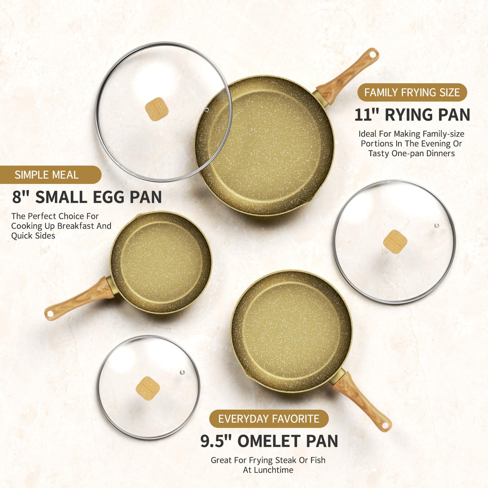 Nonstick Frying Pan Set With Lids,Non Stick Frying Pans Gold Granite Induction Cookware Set,Egg Omelette Skillet Set W/Lid,Healthy Kitchen Cooking Pans,PFOA Free