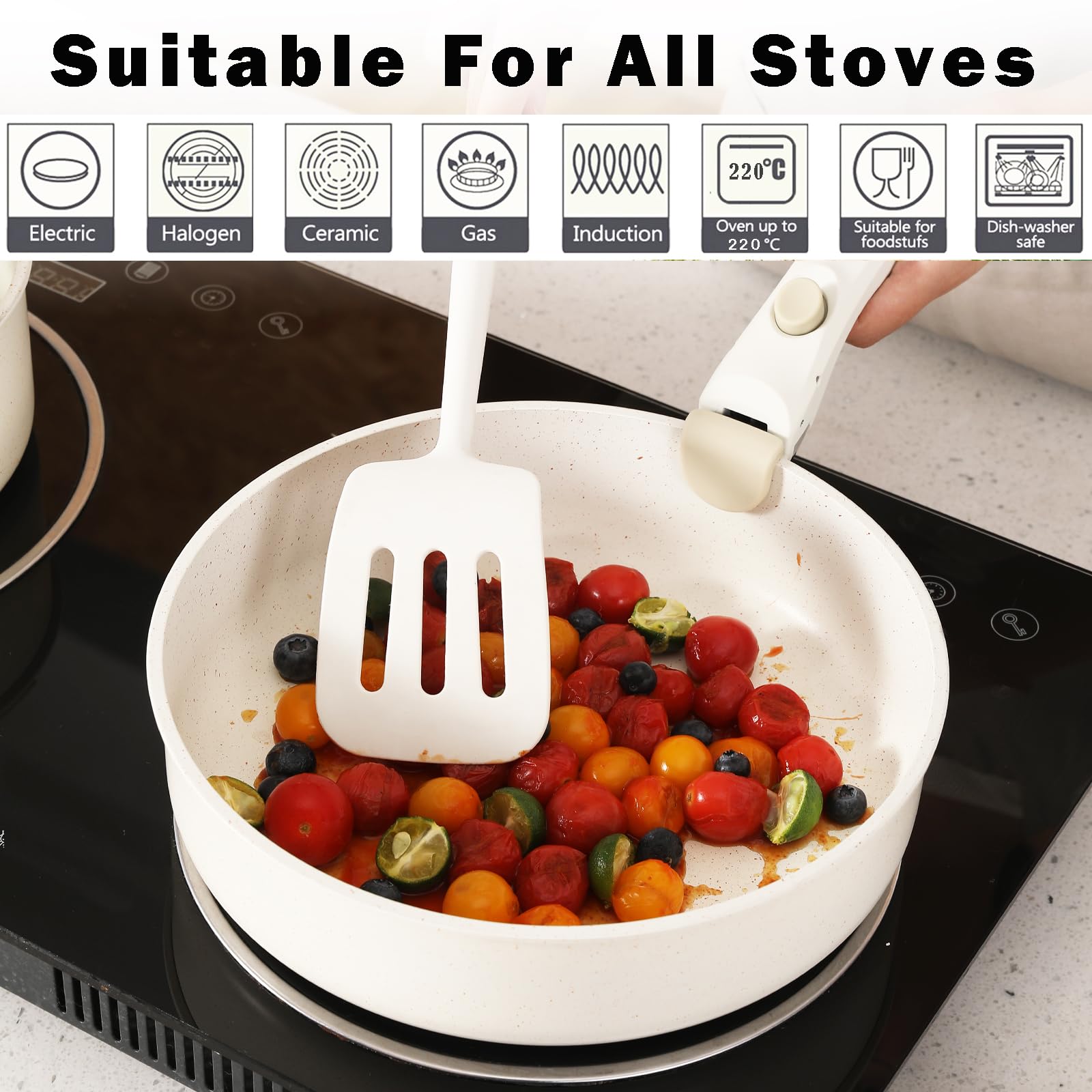 vkoocy Nonstick Deep Frying Pan Skillet, 10.5-inch Saute Pan with Lid, Removable Handle, Healthy Ceramic Cookware Cooking Pan, Gray with Pattern