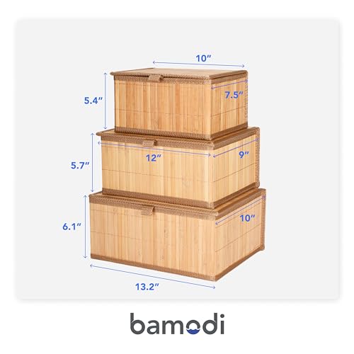 Bamboo Decorative Storage Boxes With Lids - Nesting Rectangular Lidded Box for Organization - Stackable Basket with Cloth Liner - Organizer for Toys, Home, Office - Woven Basket - Set of 3