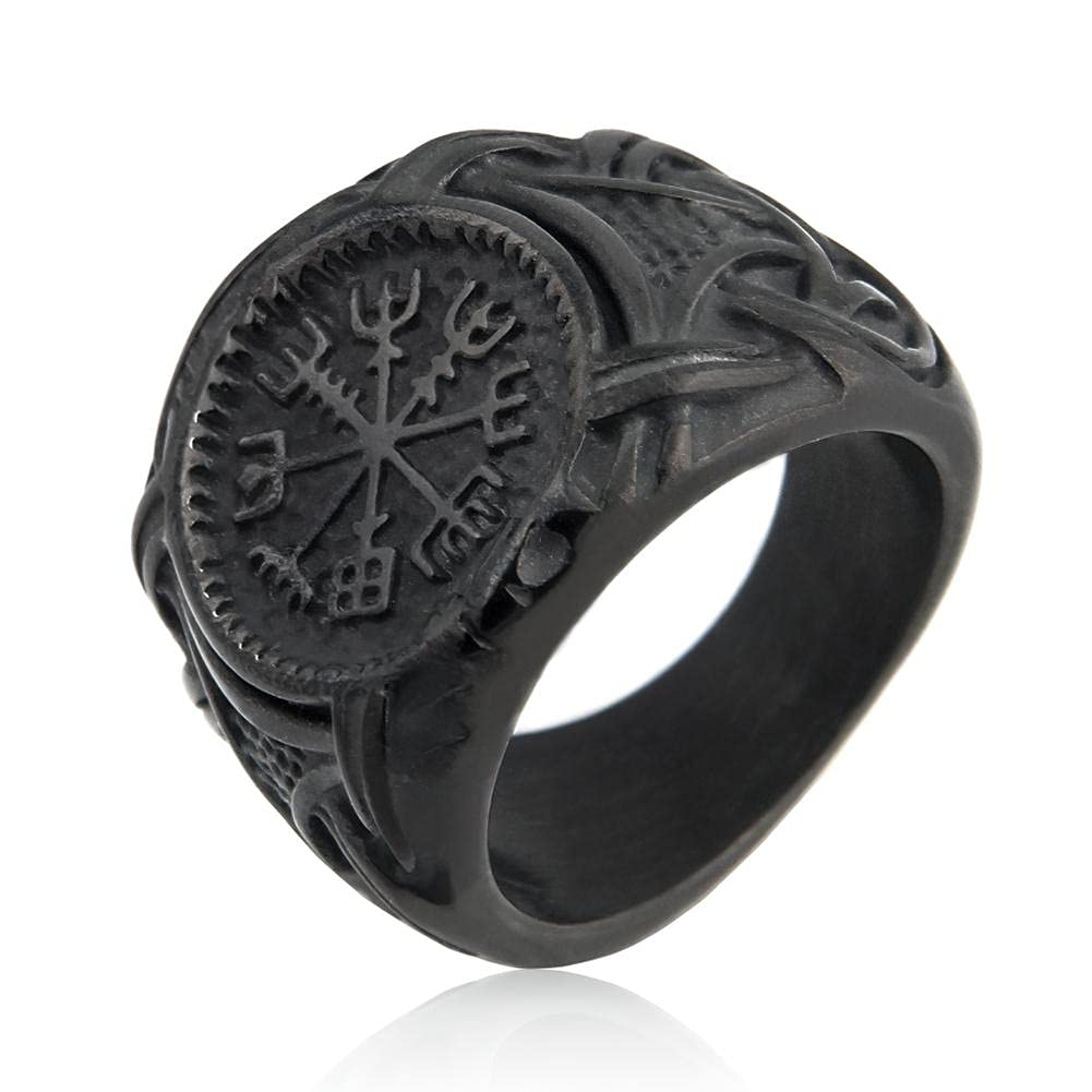 BAVIPOWER Viking Vegvisir Norse Compass Ring Stainless Steel Black Accessory Guardian Protection Amulet For Men Women