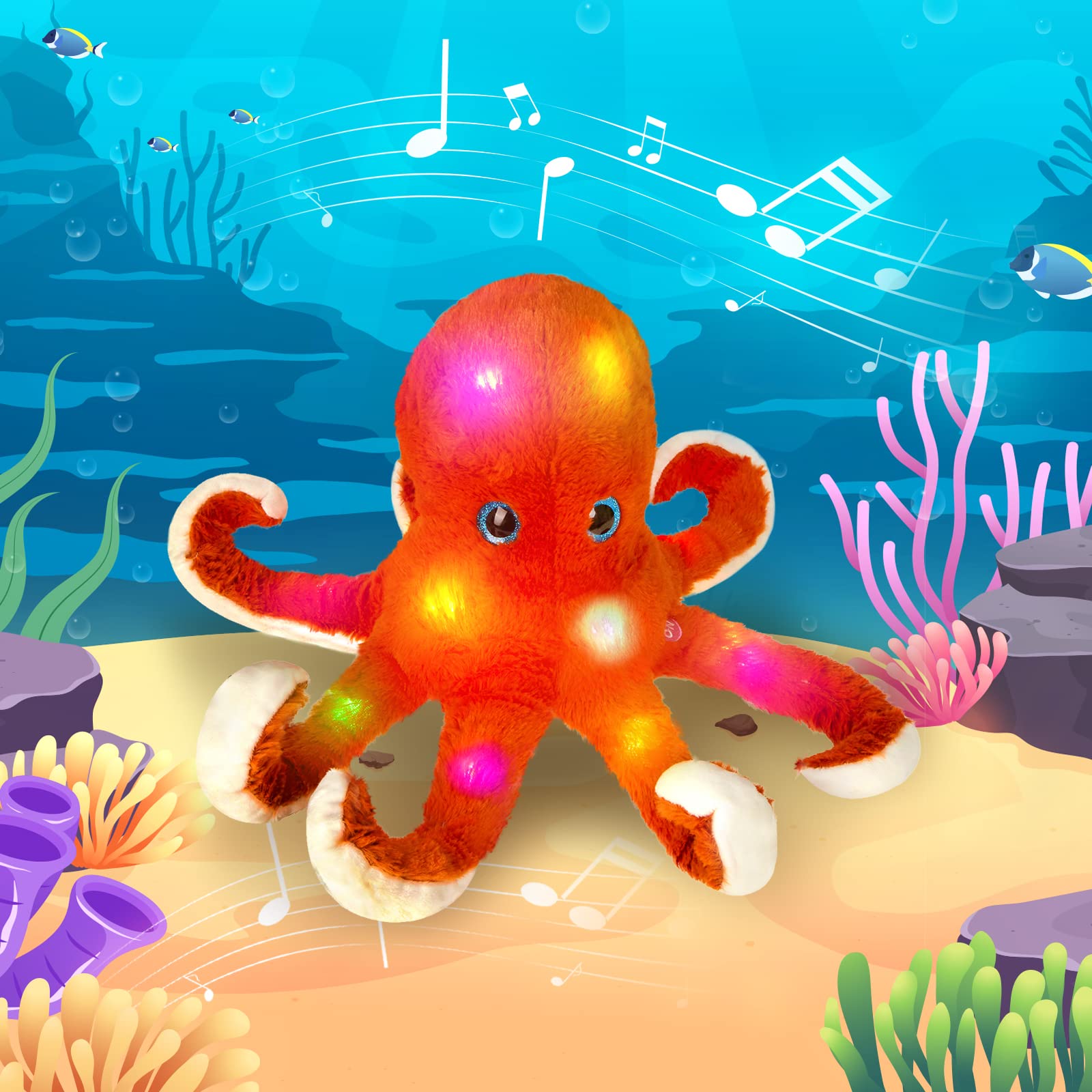 Glow Guards Musical Light up Octopus Stuffed Ocean Life LED Soft Plush Toy with Night Lights Lullaby Glow in The Dark Christmas Birthday Gifts for Toddler Kids
