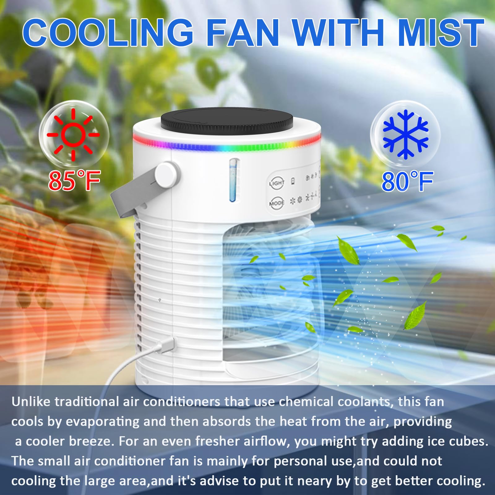 Azoiito Portable Air Conditioners,Small Air Conditioner with 2 Mist&3 Timer&7 Colors Night Light,Evaporative 3 Speed Personal Air Cooling Fan,Mini Desk Air Cooler AC Fan for Car, Office Camping