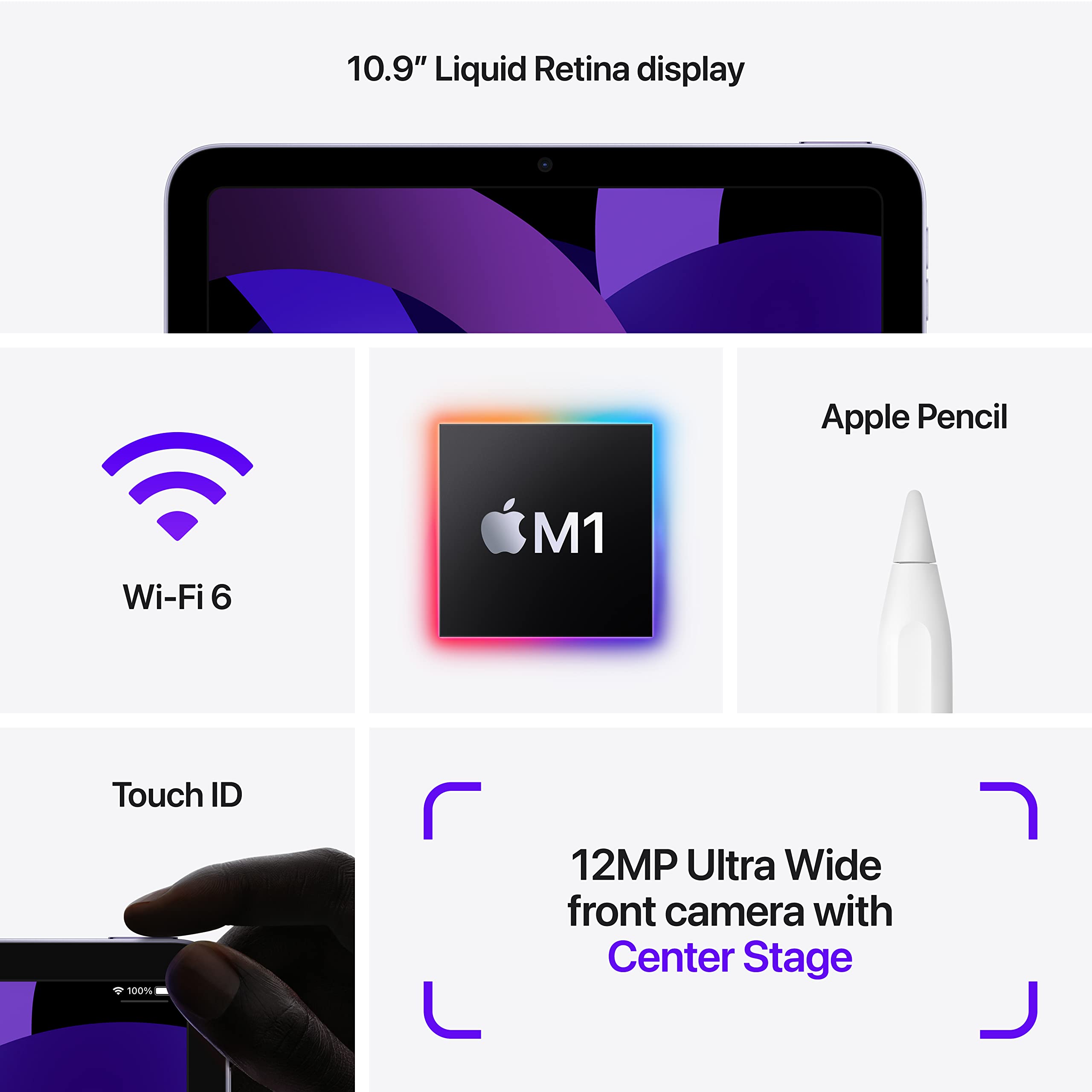 Apple iPad Air (5th generation): with M1 chip, 10.9-inch Liquid Retina display, 256GB, Wi-Fi 6, 12MP front/12MP back camera, Touch ID, all-day battery life β Purple