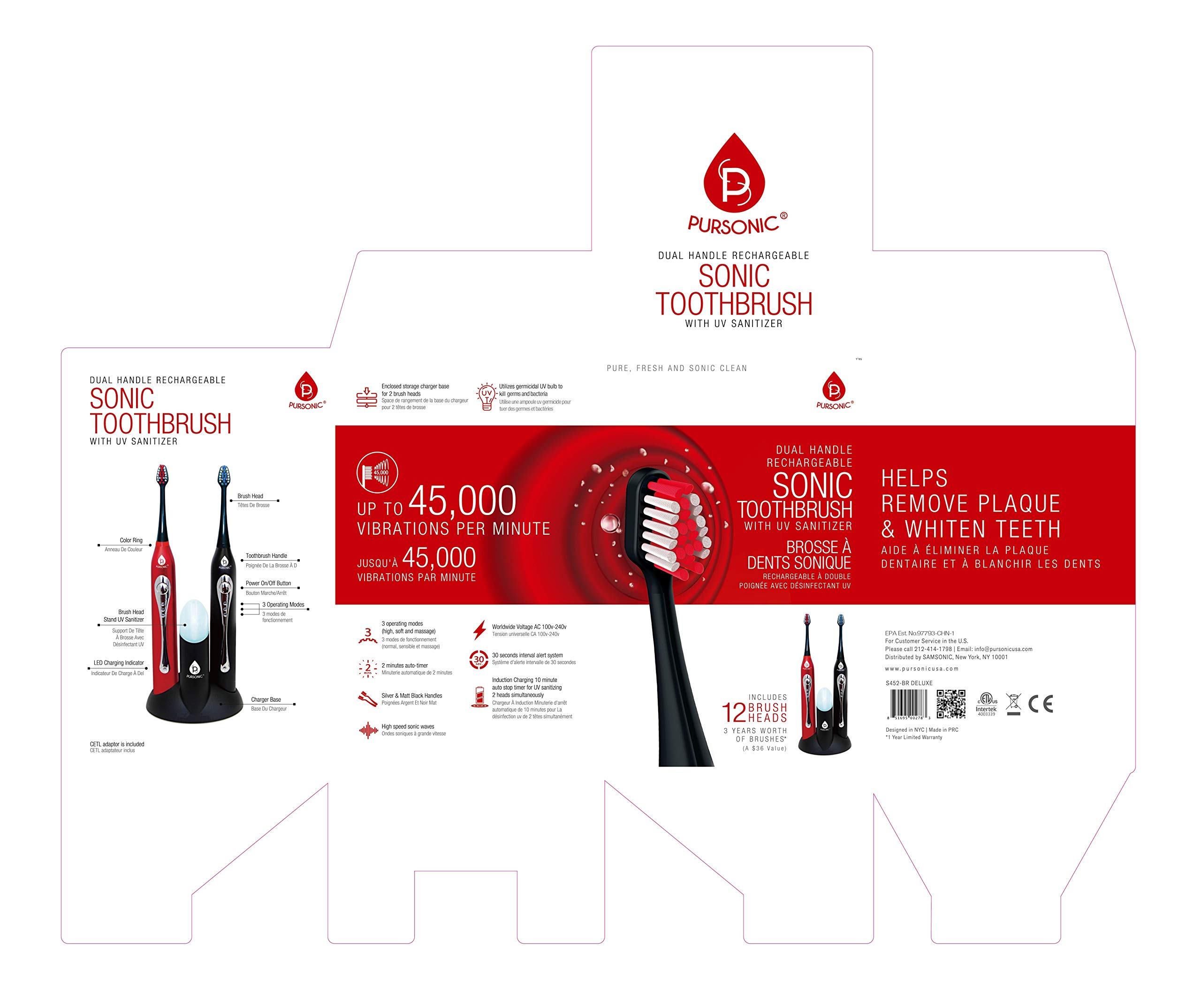 Pursonic S452BR Dual Handle Sonic Toothbrush with UV Sanitizer Black and Red