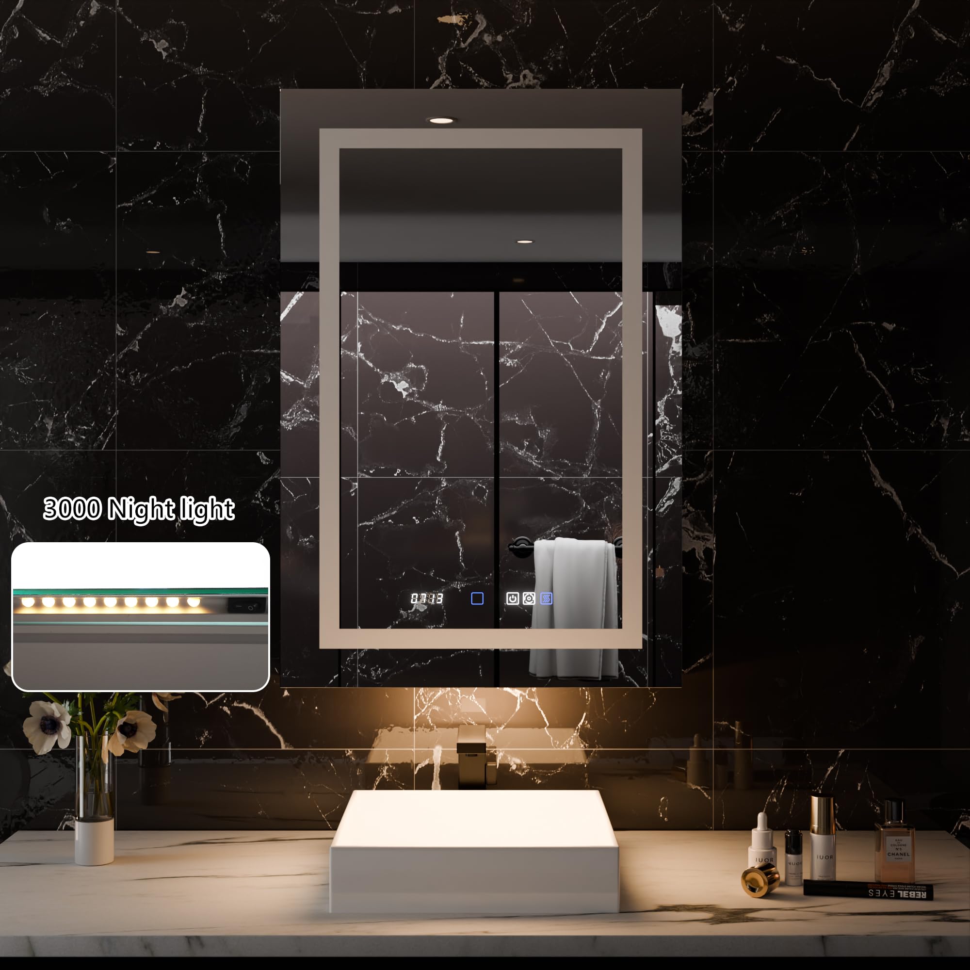 cieloshinerico Smart LED Medicine Cabinet with Mirror, 24W×36H Inch Bathroom Storage Medicine Cabinet, 3 Color Stepless Dimming & Anti-Fog, 10x Magnifier, Night Light, Right Hinge