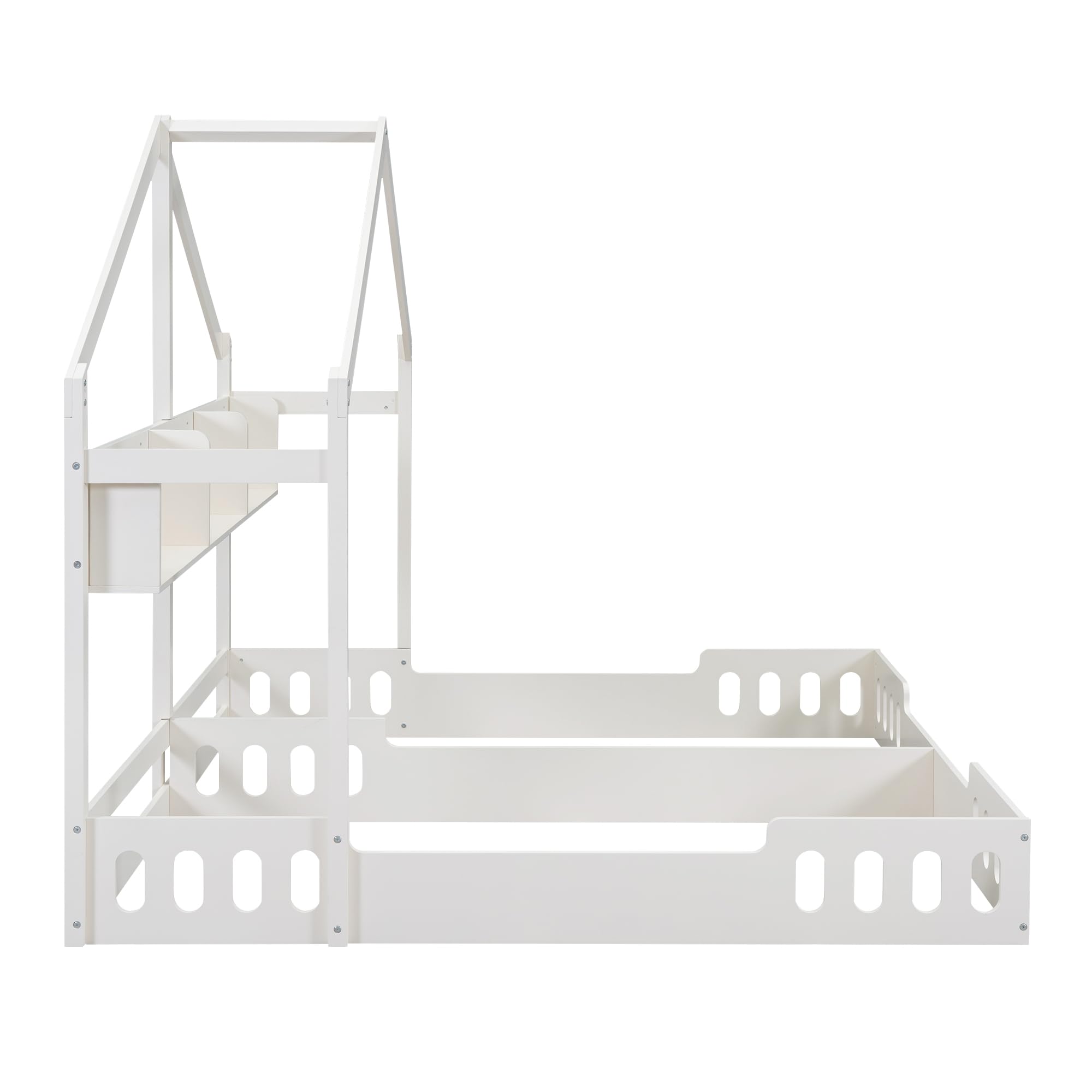 Harper & Bright Designs Twin House Bed for Kids,Wood Double Twin Beds Frame with Shelves and Guardrail, Monressori Floor Bed Two Shared Beds with Rails for Girls or Boys, Creamy White