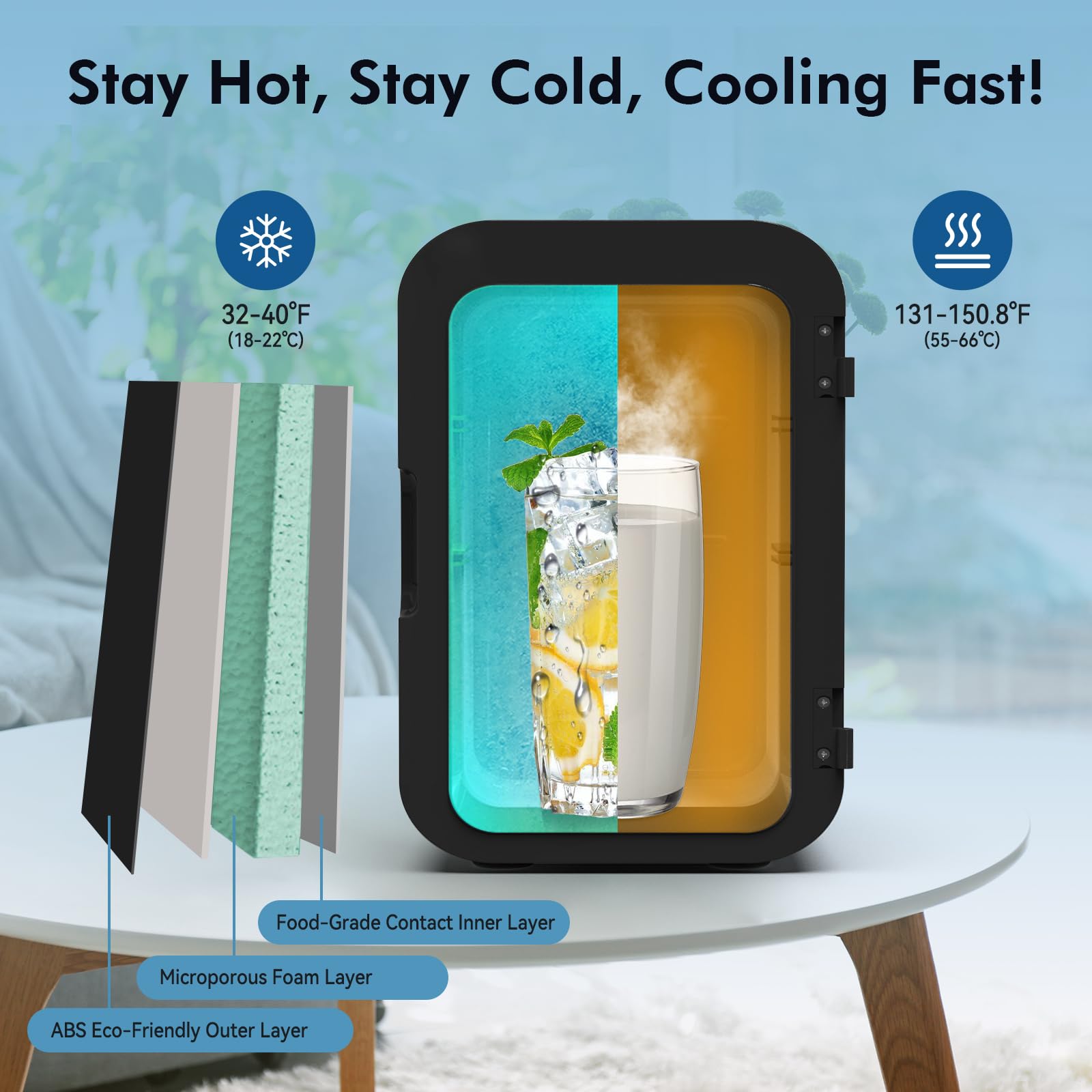 CALEN Mini Fridge with 2 Bottles, 6L/8 Cans Mini Fridge for Bedroom, Skincare Fridge 110V AC/12V DC Small Refrigerator for Food, Beverages, Cosmetics, Portable Mini Refrigerator for Office, Dorm, Car