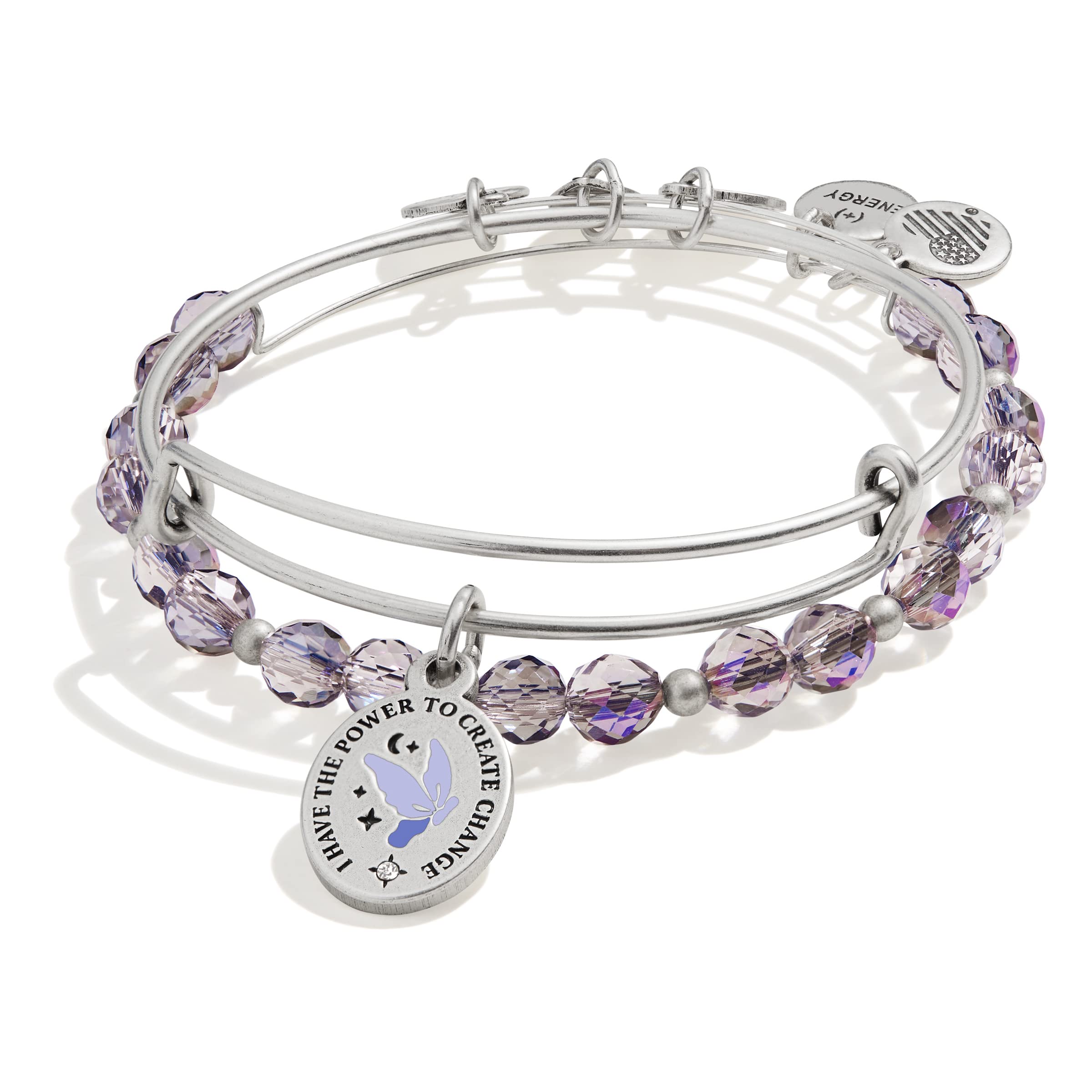 Alex and Ani Connections Expandable Bangle for Women, I Have The Power To Create Change Charm, Set of 2, Rafaelian Silver Finish, 2 to 3.5 in