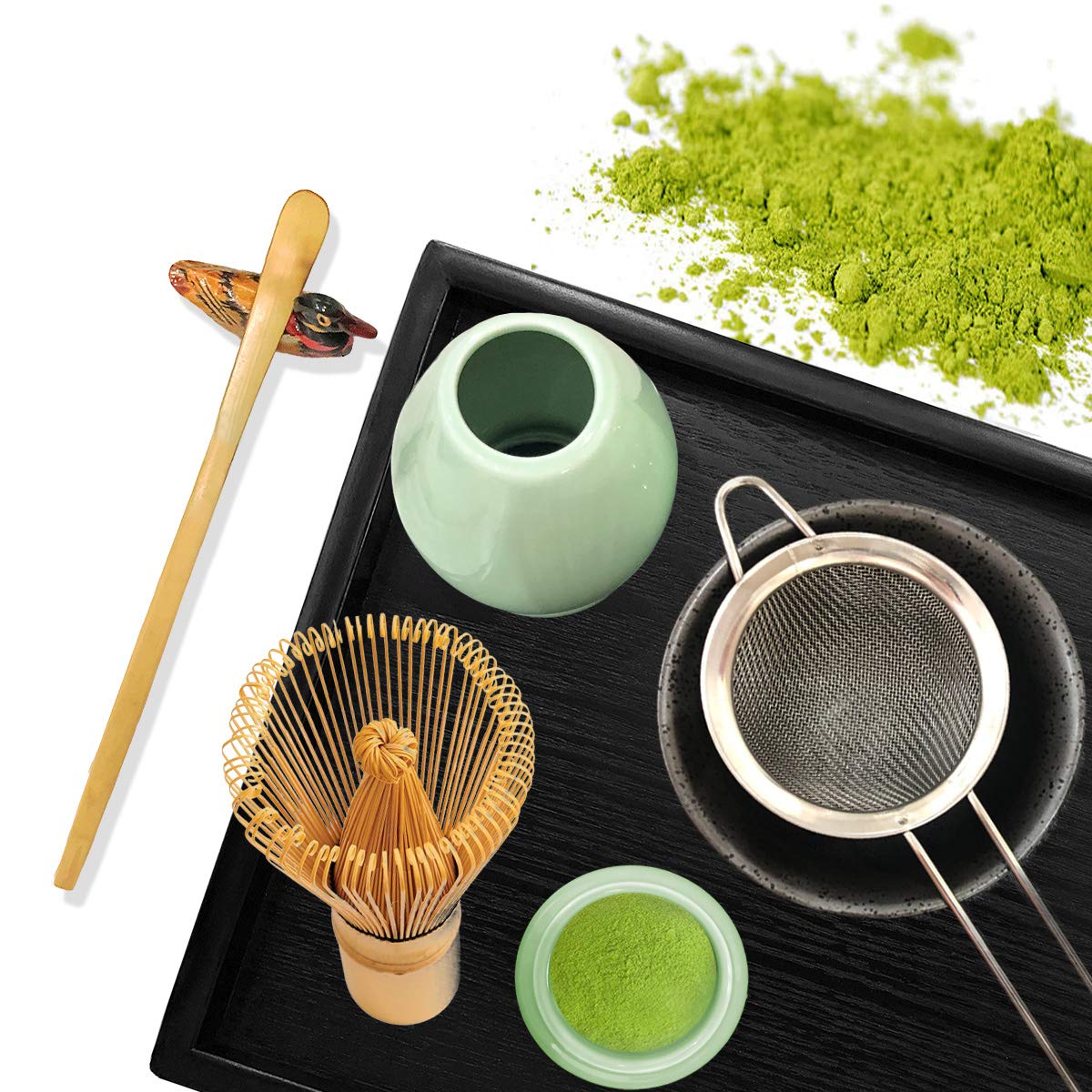 Artcome Japanese Matcha Tea Set, Matcha Whisk, Traditional Scoop, Matcha Bowl, Black Bamboo Tray, Ceramic Whisk Holder, Matcha Caddy, Handmade Matcha Ceremony Kit For Japanese Tea Ceremony (10Pcs)