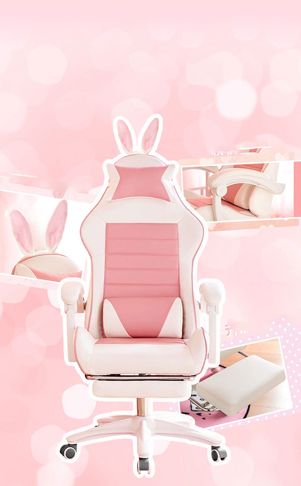 FFLLAS Gaming Chair Pink,Computer Office Chair Cute Pink Rabbit Style, with Retractable Arms and Footrest Adjustable Massage Lumbar Cushion Ergonomic Computer Desk Chair,Purple