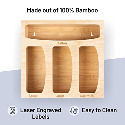 Bamboo Ziplock Bag Storage Organizer for Drawer and Wall-Mount; Gallon, Quart, Sandwich and Snack Plastic Bag Organizer; 4 Compartment Kitchen Drawer Organization and Storage for Baggies