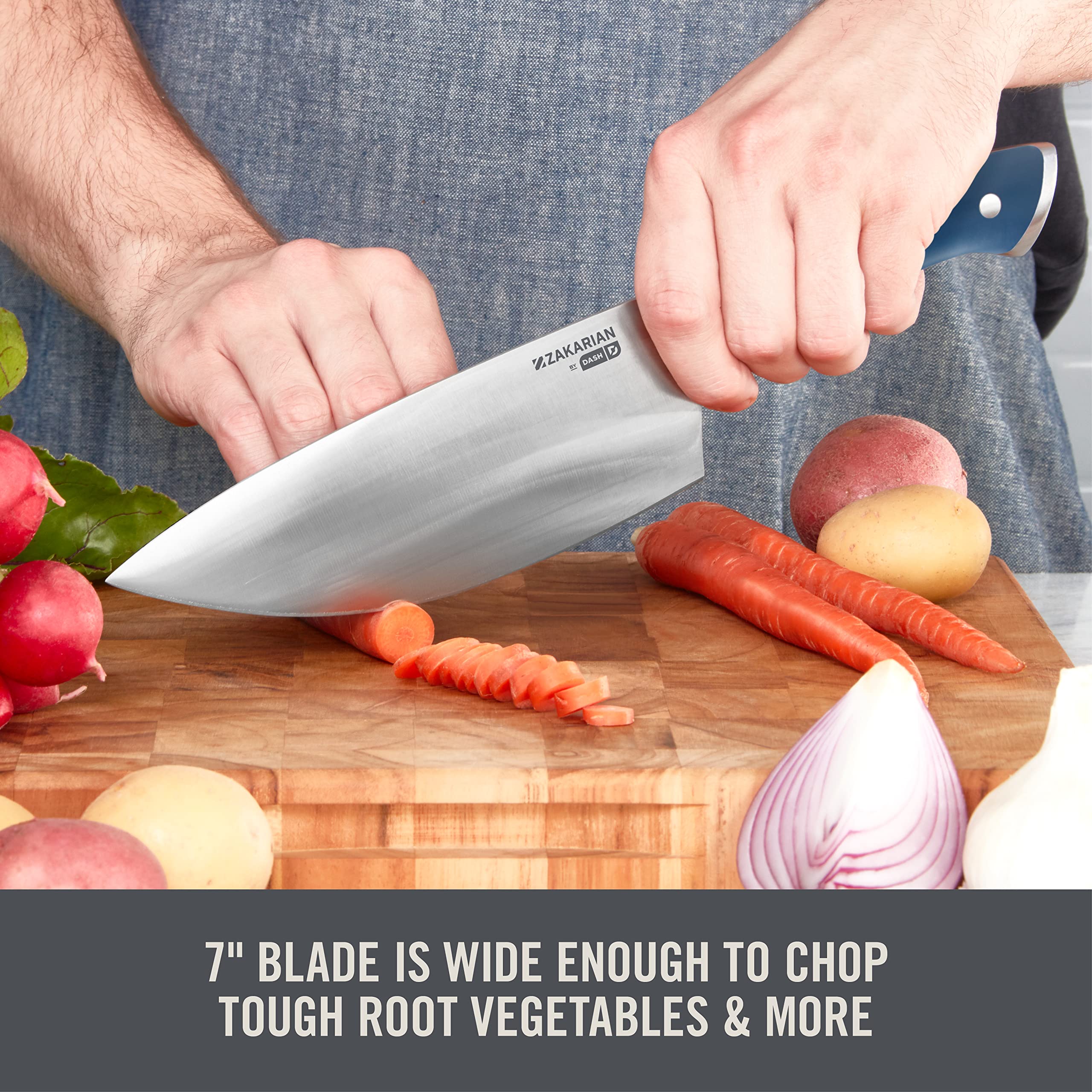 DASH Zakarian 7" German Steel Rocking Chef Knife with Sheath, Perfect for Vegtables, Grey