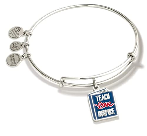 Alex and Ani Words Are Powerful Expandable Bangle for Women, Teach Love Inspire Book Charm, Shiny Silver Finish, 2 to 3.5 in