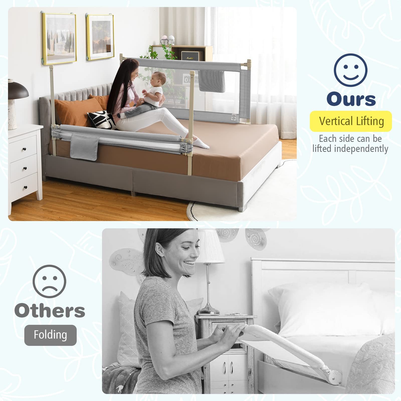 BABY JOY Bed Rail for Toddlers, 57ββ Extra Long, Height Adjustable & Foldable Baby Bed Rail Guard w/Storage Pocket & Double Safety Child Lock for Kids Twin Double Full Size Queen King Mattress (Gray)