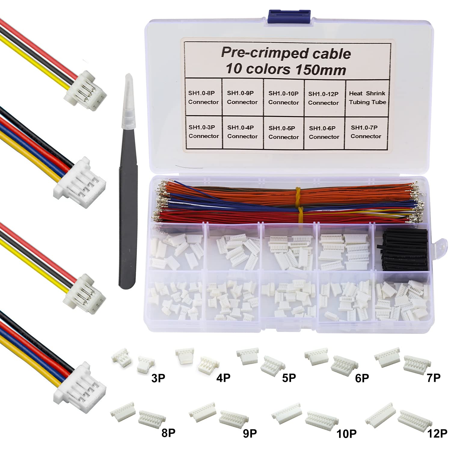 Keszoox Jst SH1.0mm Connector Kit and Premium Pre-Crimped Cables,for SPRacing F3 Omnibus F4 Pro F7 Racing Drone Wire Kit,Total 140pcs sh1.0 Connectors and 10 Colors 250pcs 28AWG Cable 150mm Wire