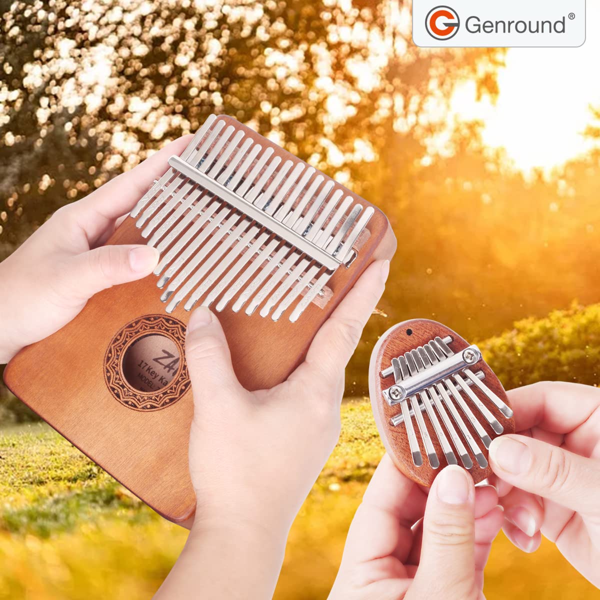 Genround Kalimba Thumb Piano & Finger Instrument Bundle, 17 Keys & 8 Keys Piano with Beginner's Study Instruction, Portable Thumb Piano for Kids and Adults, Includes Tuning Hammer