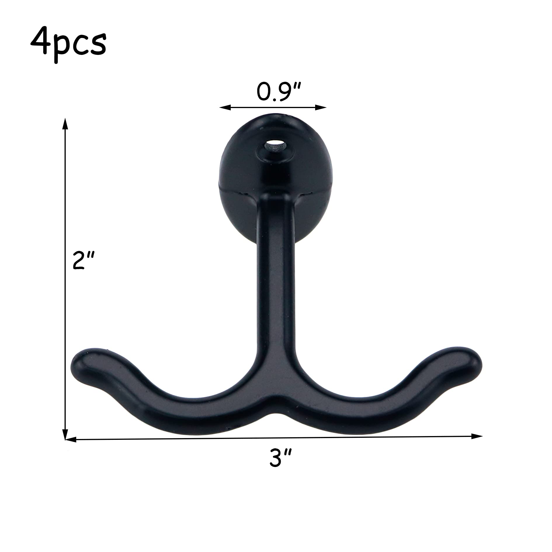 HEVSTIL 4-Piece Black Zinc Alloy Storage Hook, Ceiling Mount Double Hook for Coat, Hat, Towel, Clothes, Kitchen Utensils, 20lbs Weight Capacity