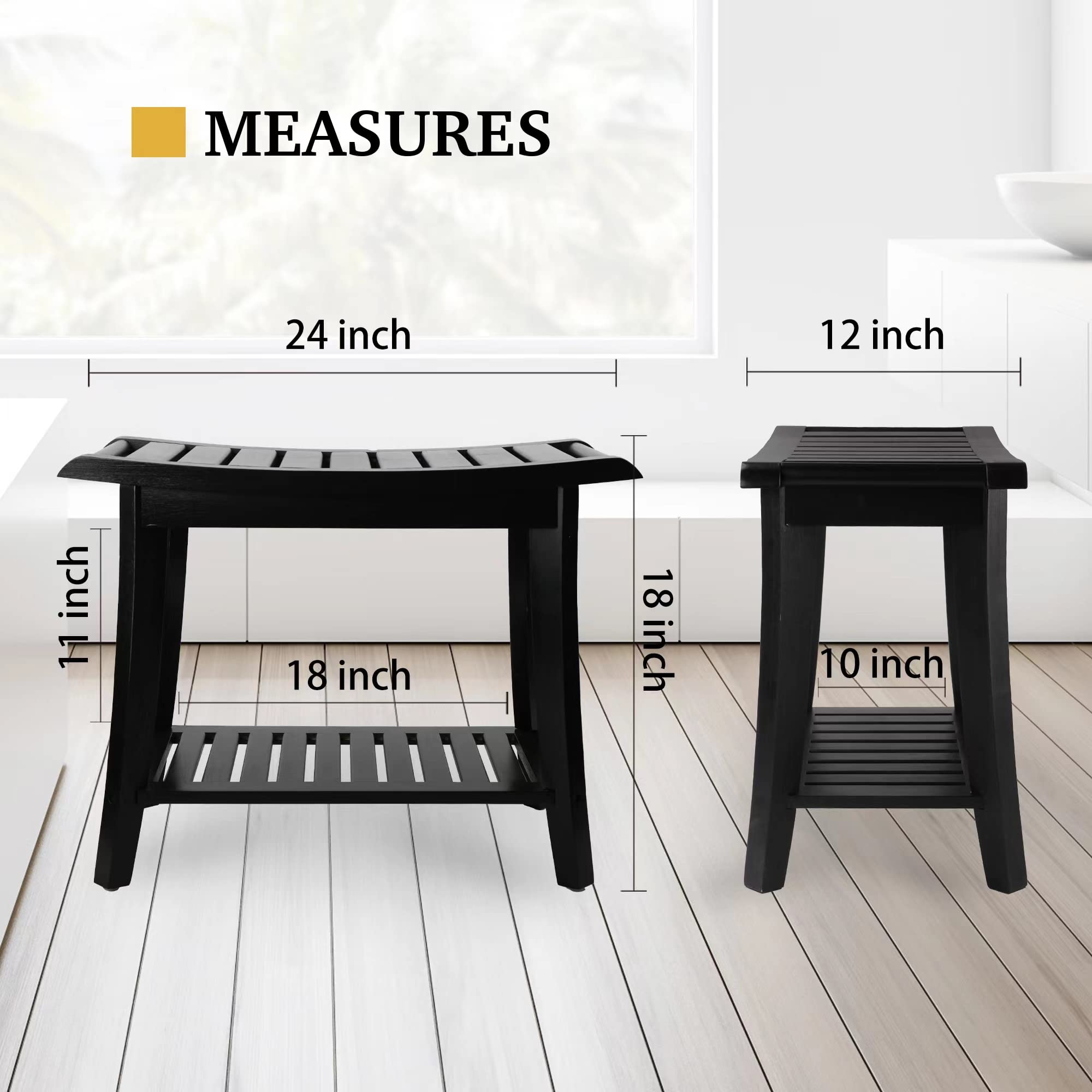 Bamboo Shower Bench Inside Shower Stool with Storage Shelf, Spa Bath Chair for Bathroom, Seat or Organizer for Living Room, Bedroom and Garden - Great for All Ages Unisex Elderly (Waterproof, Black)