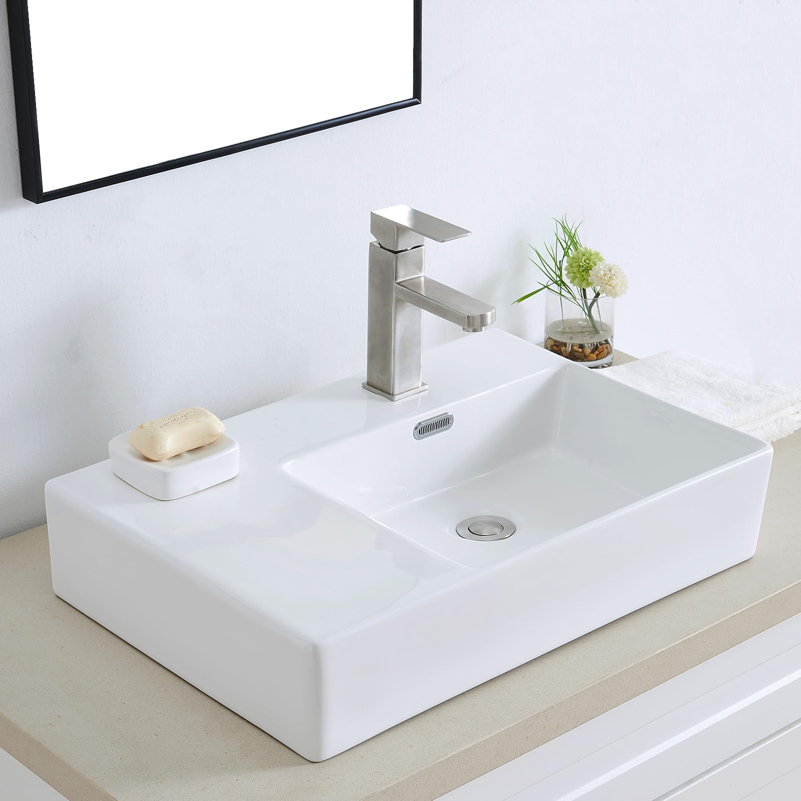 Bathroom Sink,White Wall Mounted Sink,Rectangle Wall Mount Bathroom Vessel Sink,24"X17"Modern Floating or Countertop Porcelain Ceramic Washing Bathroom Lavatory Sink,Right Side