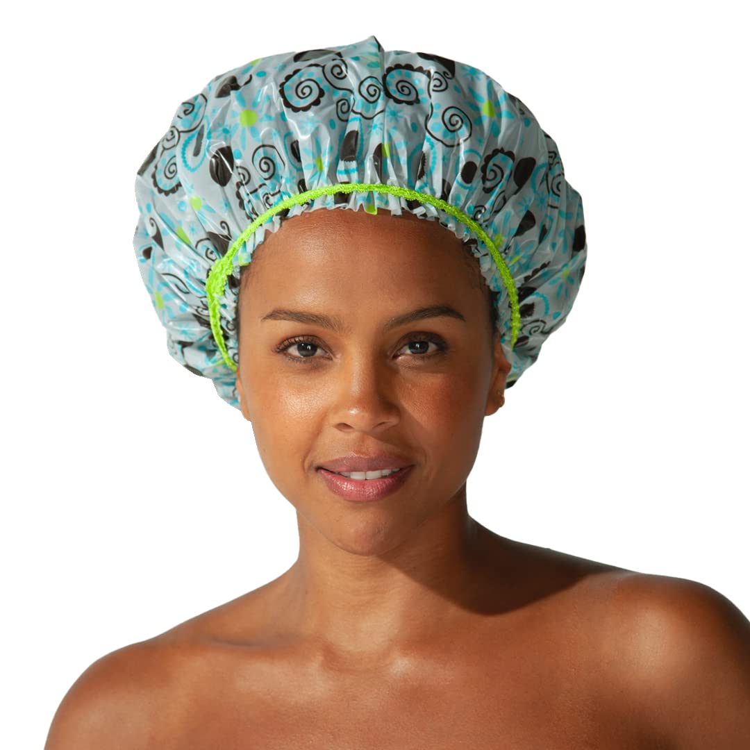 Reusable Vinyl Shower Cap & Bath Cap, Frosted PEVA Elastic Stretch Hem. Waterproof Stretchy Hair Cap for all Hair Lengths - Hipster Hippie Chick For Women