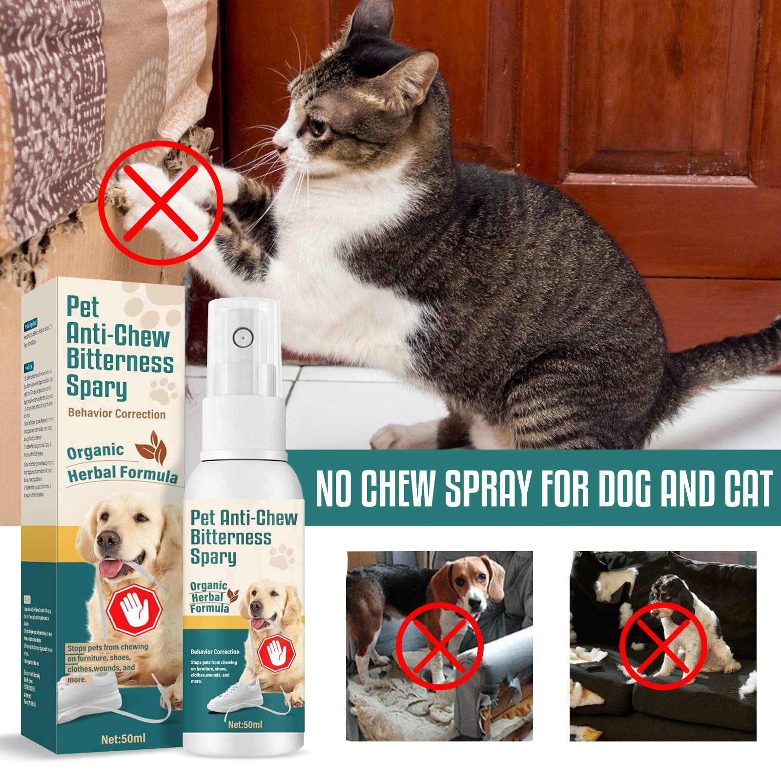 Bitter Spray for Dogs to Stop Chewing, Cat Deterrent Spray, Training Corrector for Puppies,Dogs and Cats, Natural Based and Safe for Pets
