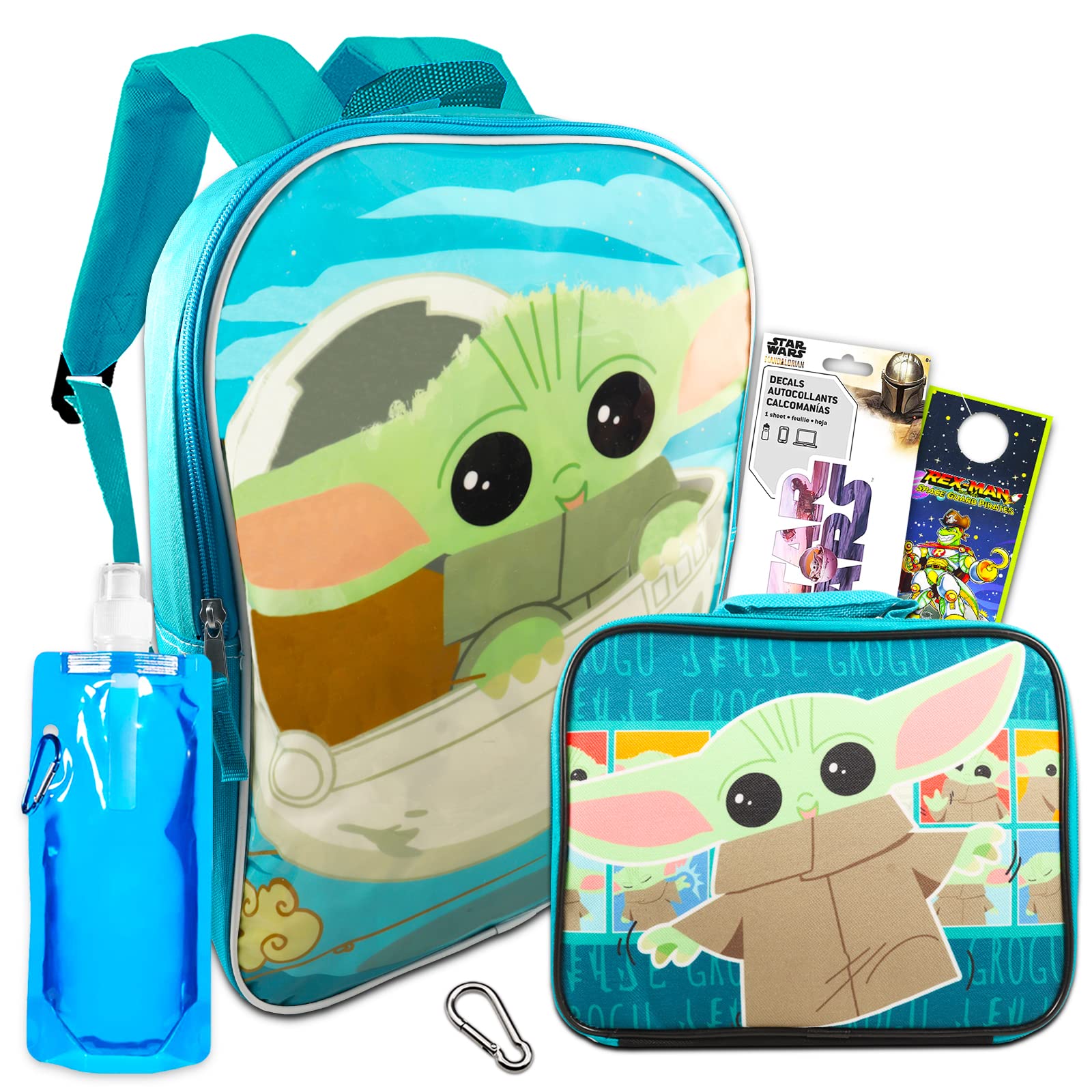 Baby Yoda Backpack and Lunch Box Set - Star Wars School Supplies Bundle with Grogu Backpack and Insulated Lunch Bag Plus Mandalorian Decal, Water Bottle, and More (Mandalorian Backpack for Boys)